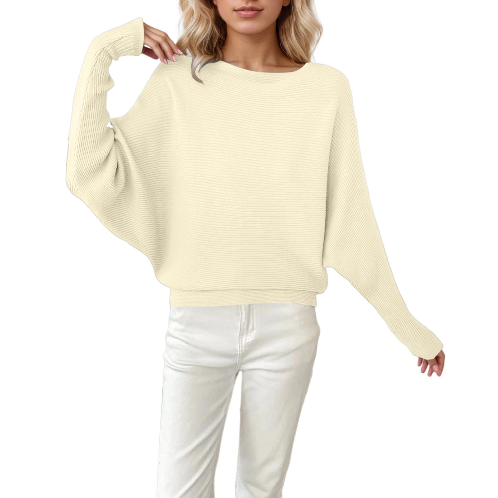 DHFJKG Batwing Long Sleeve Sweaters For Women Boat Neck Knitted ...