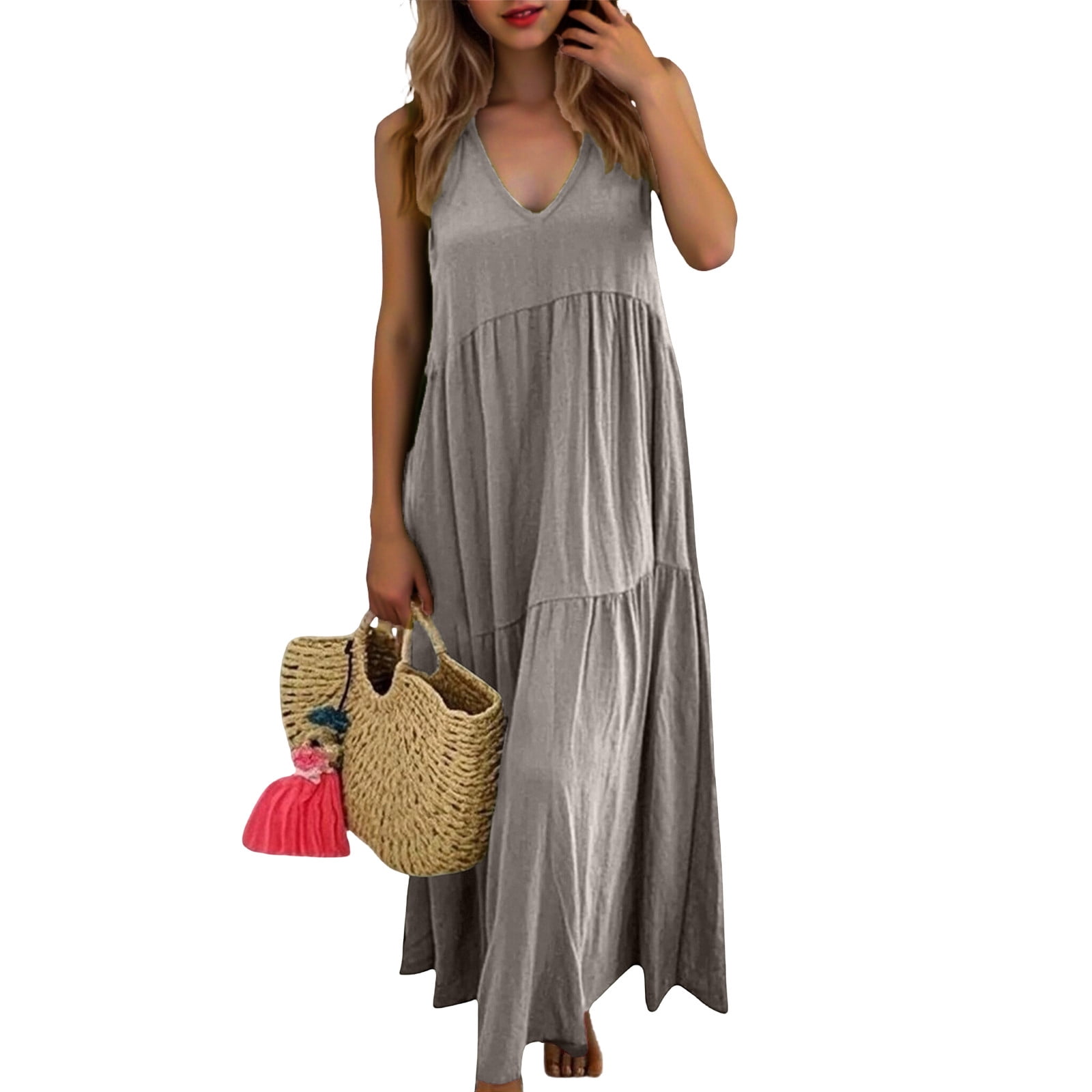 DHFJKG Bohemian Summer Women Dress Beach Vacation Clothes Solid Color ...