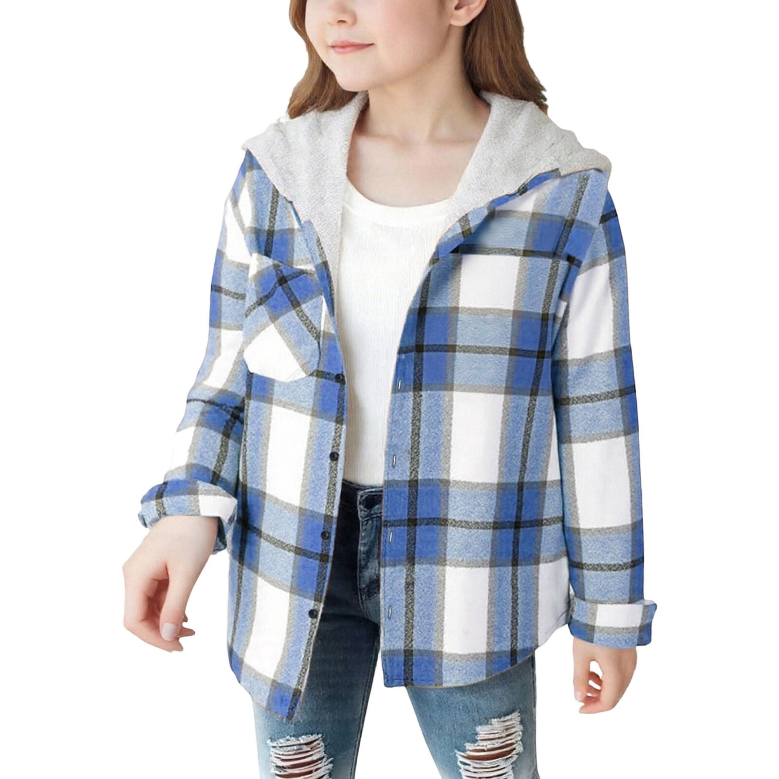 DHFJKG Boys Girls Hooded Plaid Jacket Long Sleeve Loose Fit Button Down ...
