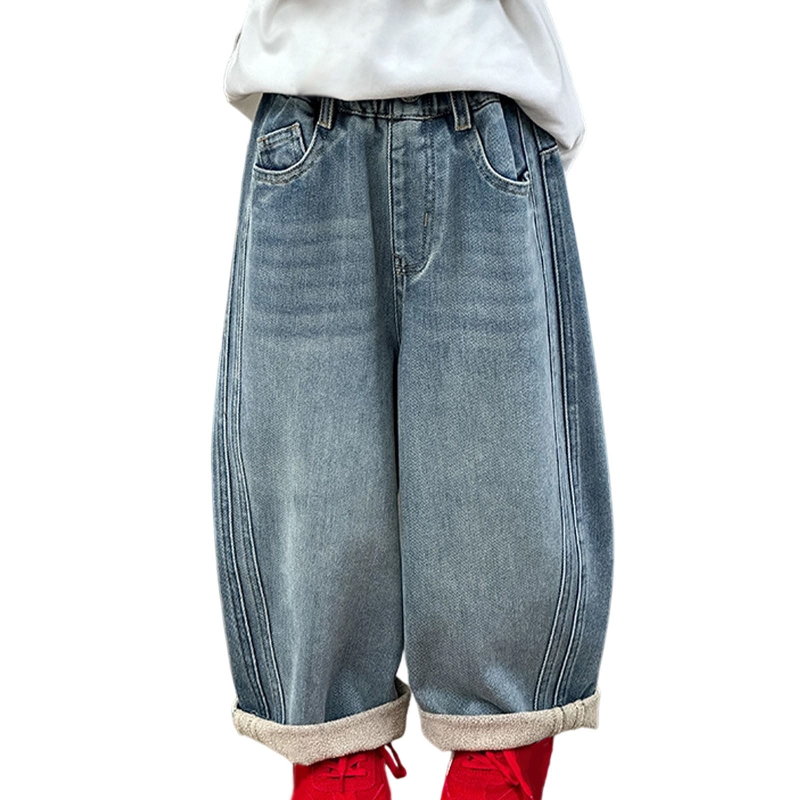 DHFJKG Boys Girls Jeans Toddlers Fuzzy Lining Wide Leg Loose Fit Denim ...