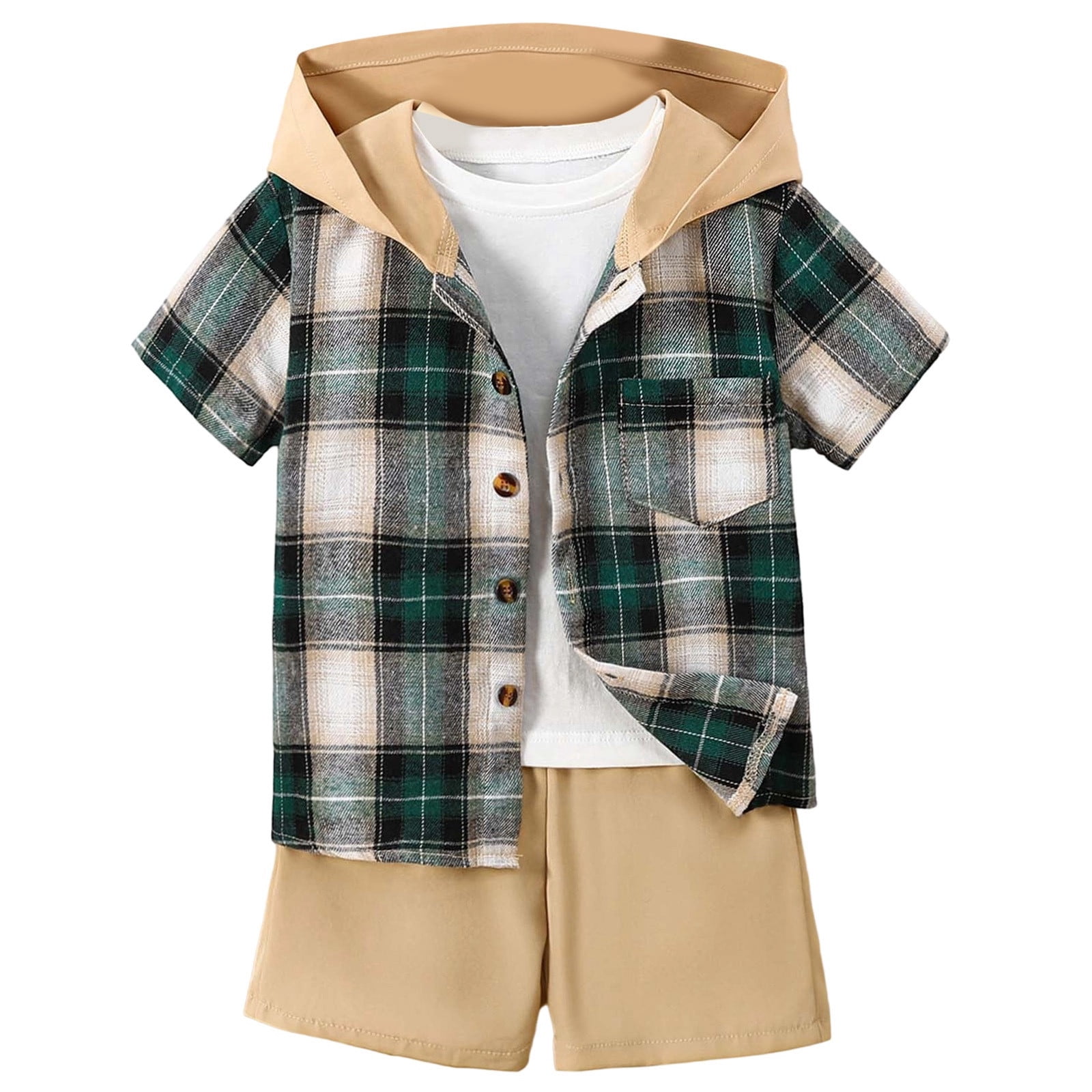 DHFJKG Boys Summer Outfits 2 Piece Set Casual Plaid Short Sleeve Hooded ...