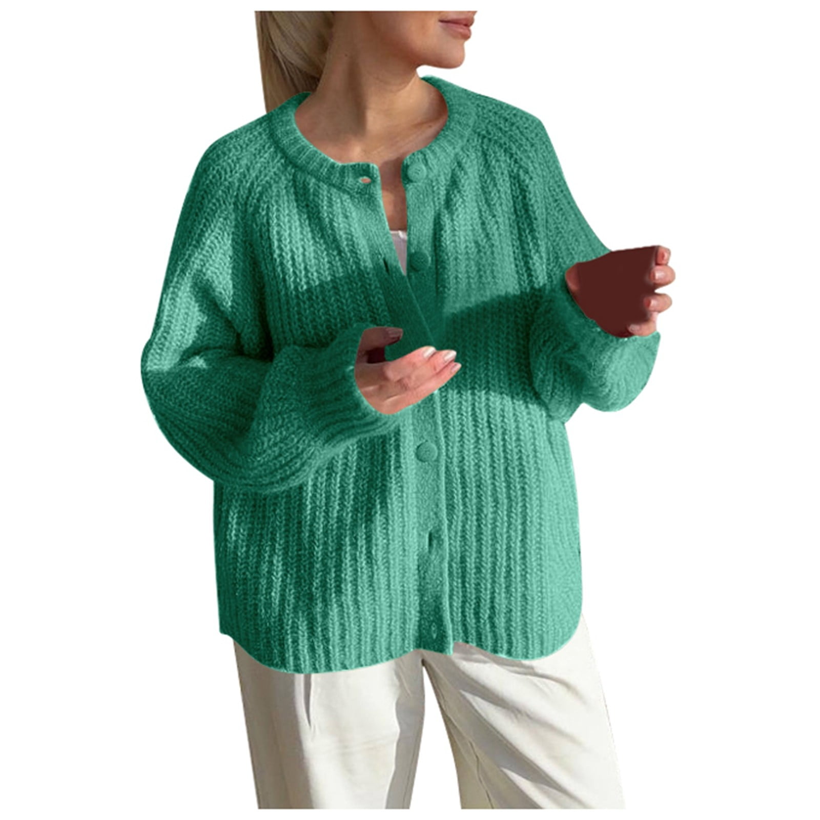 DHFJKG Cardigan Sweaters For Women Knitted Crewneck Long Sleeve Button ...
