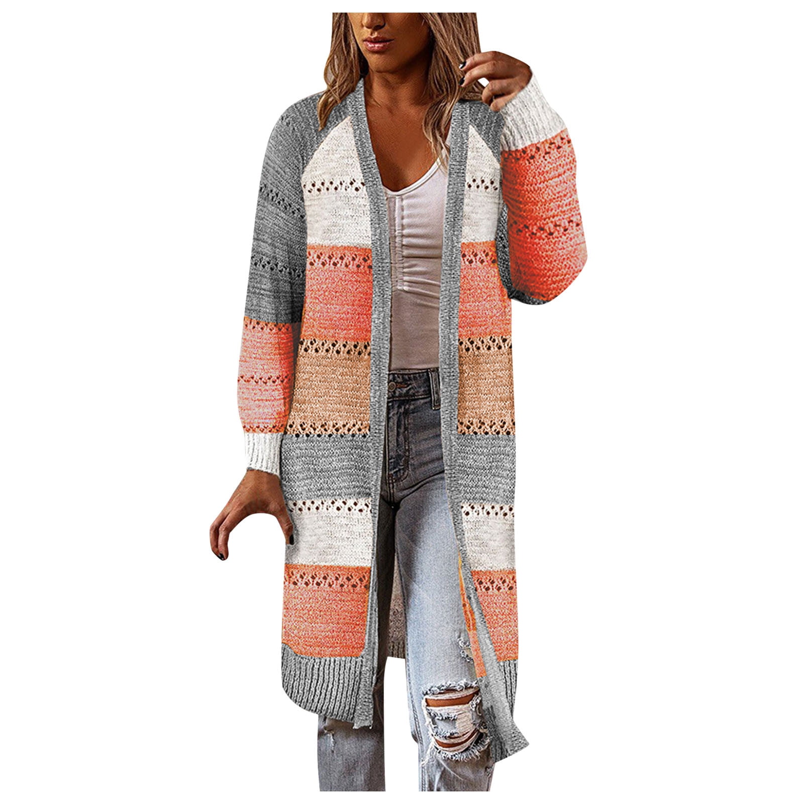 DHFJKG Cardigan Sweaters For Women Knitted Hallow Out Color Block Long ...