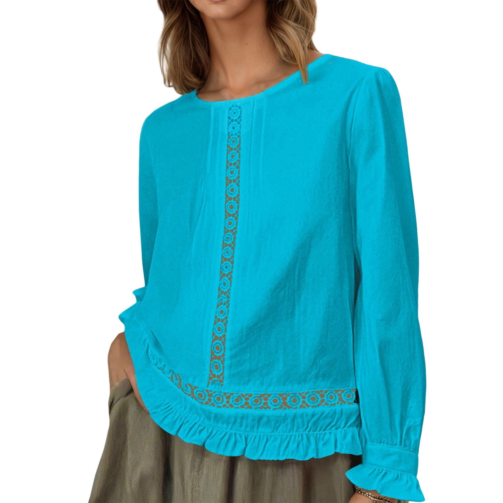 DHFJKG Casual Boho Women Loose Fit Long Sleeve T Shirt Breathable Linen ...