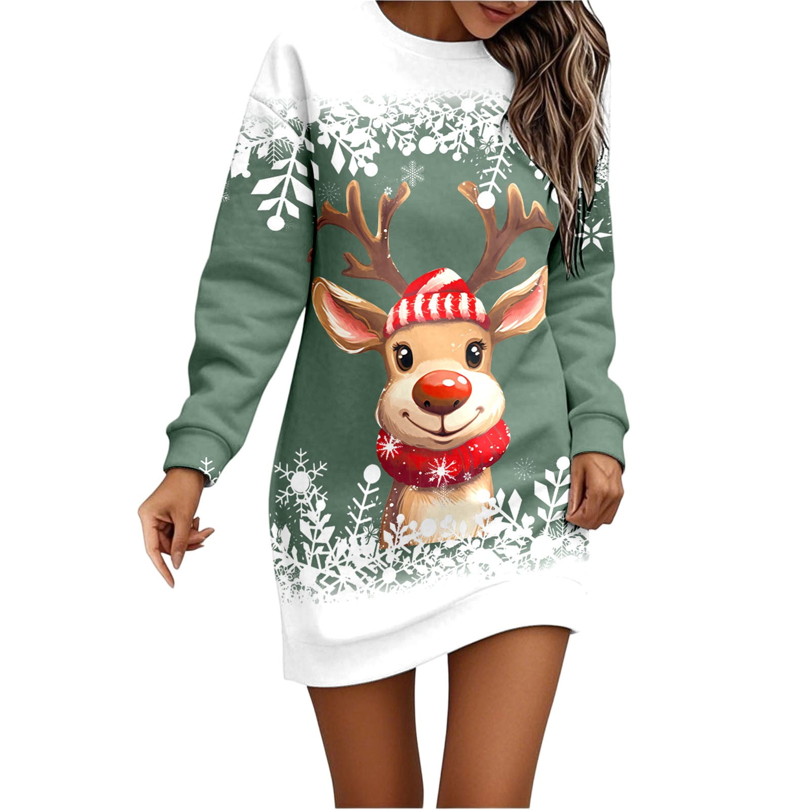 DHFJKG Christmas Dresses For Women Cute Reindeer Print Long Sleeve ...