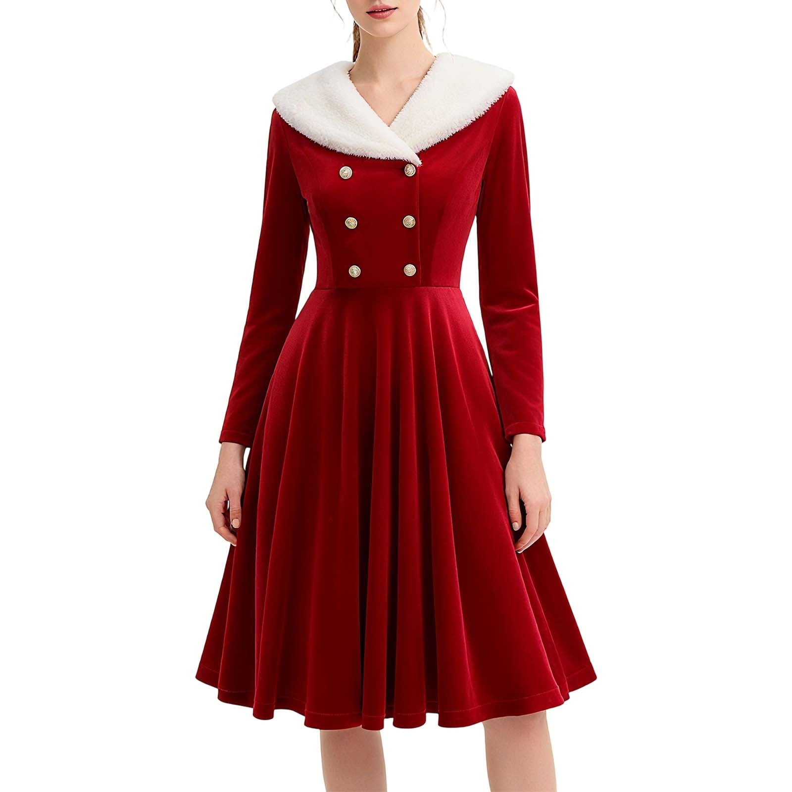 DHFJKG Christmas Dresses For Women Velvet Long Sleeve V Neck A-Line Knee-Length Dress For ...