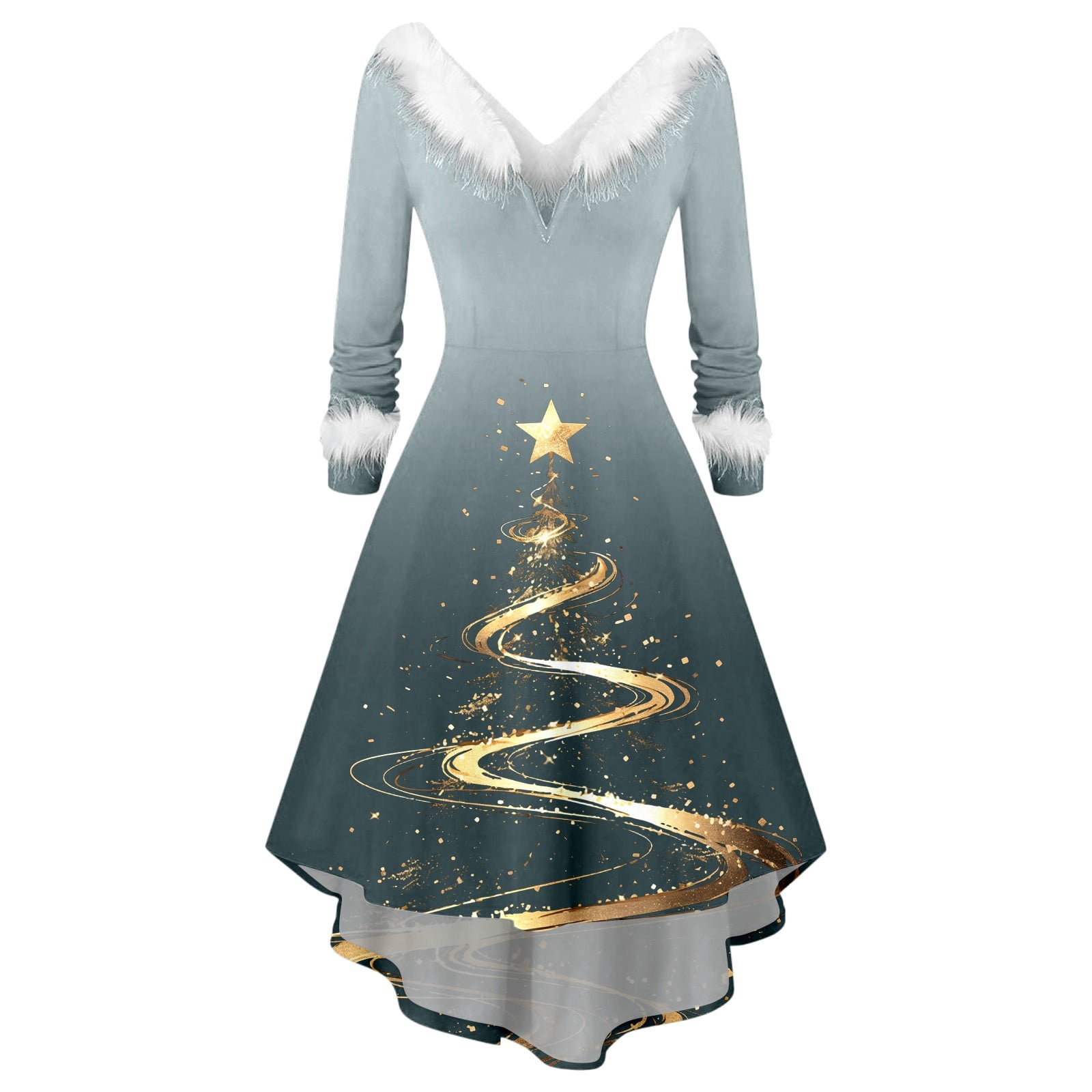 DHFJKG Christmas Dresses For Women Xmas Fuzzy Trim Deep V Neck Long ...