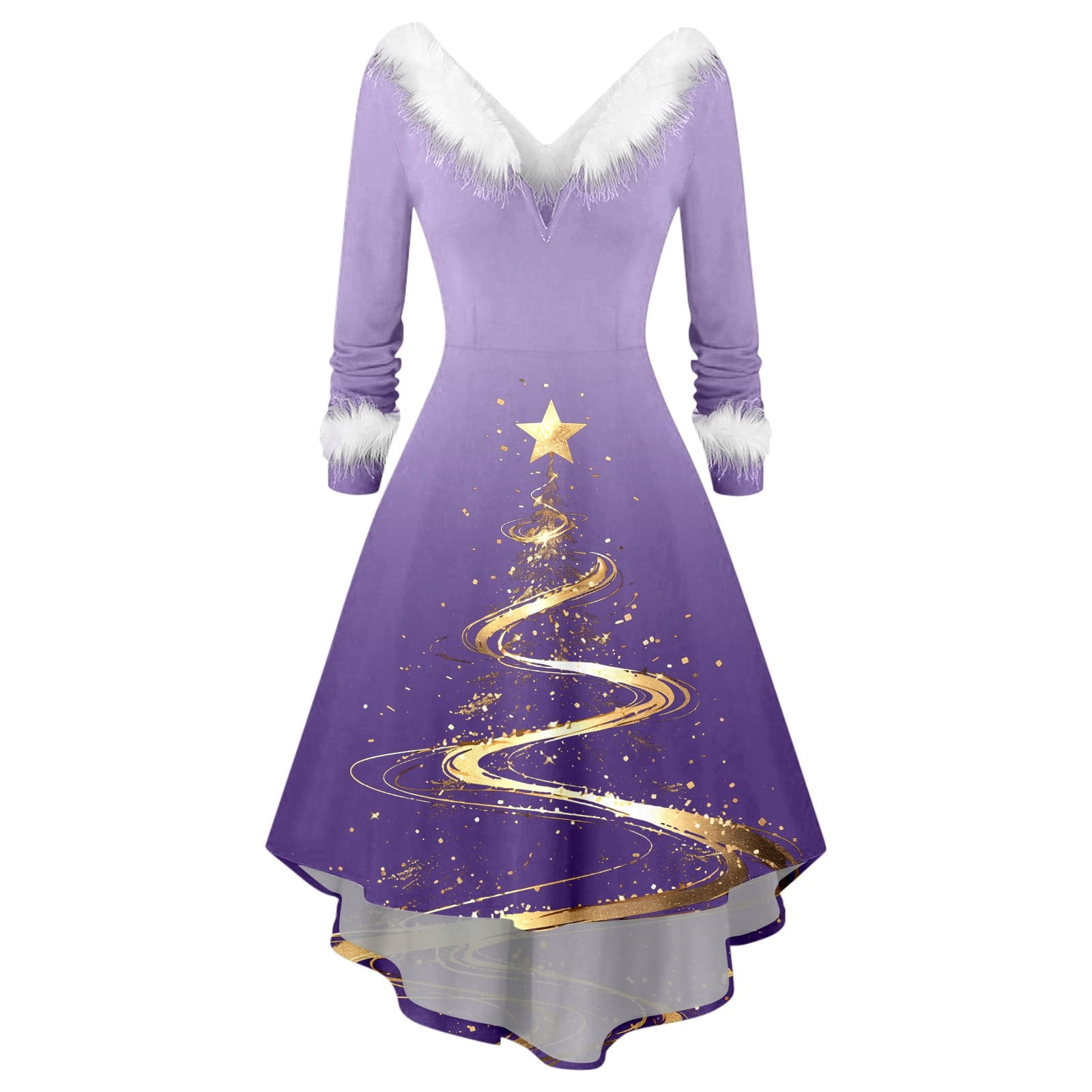 DHFJKG Christmas Dresses For Women Xmas Fuzzy Trim Deep V Neck Long ...
