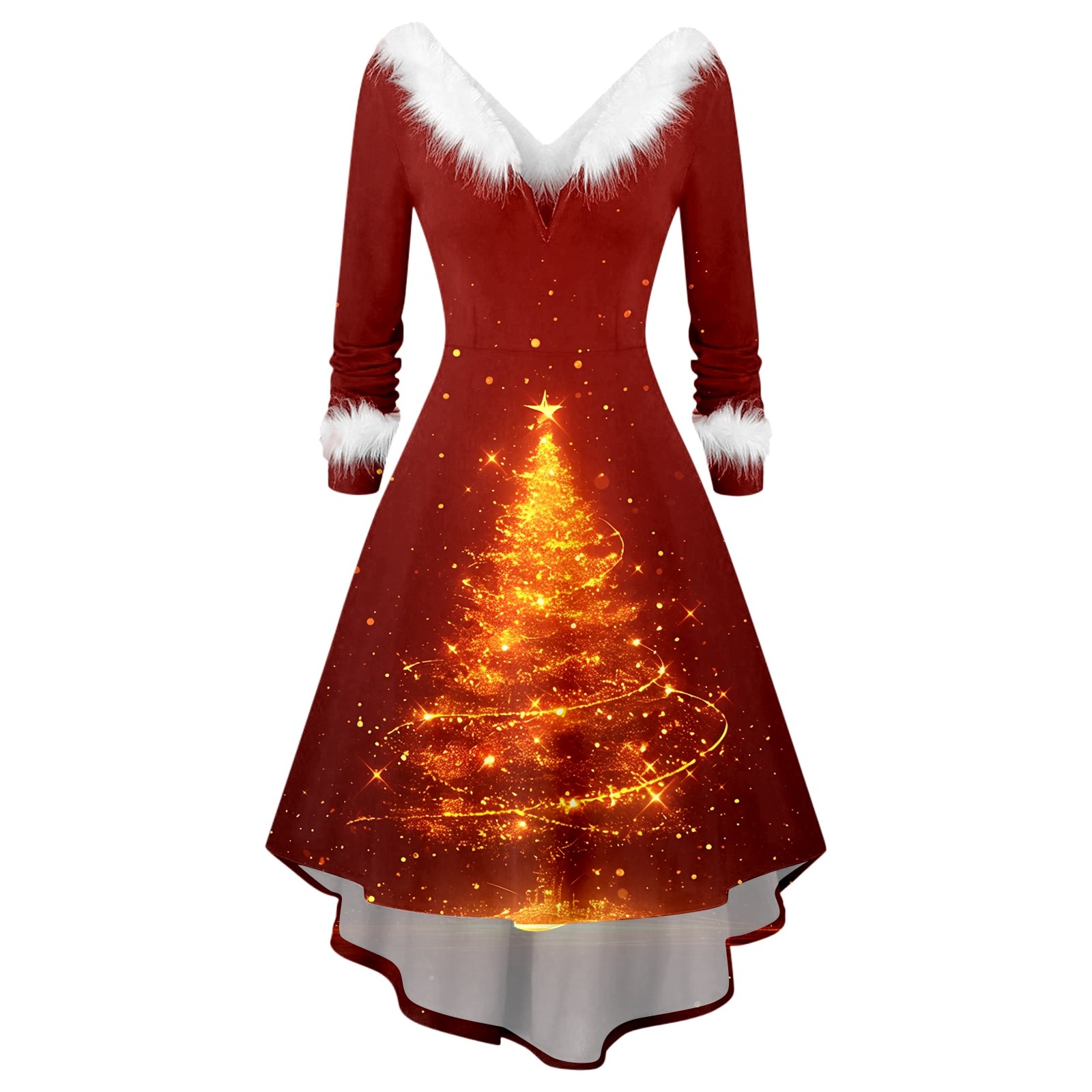 DHFJKG Christmas Dresses For Women Fuzzy Trim Deep V Neck Long Sleeve ...
