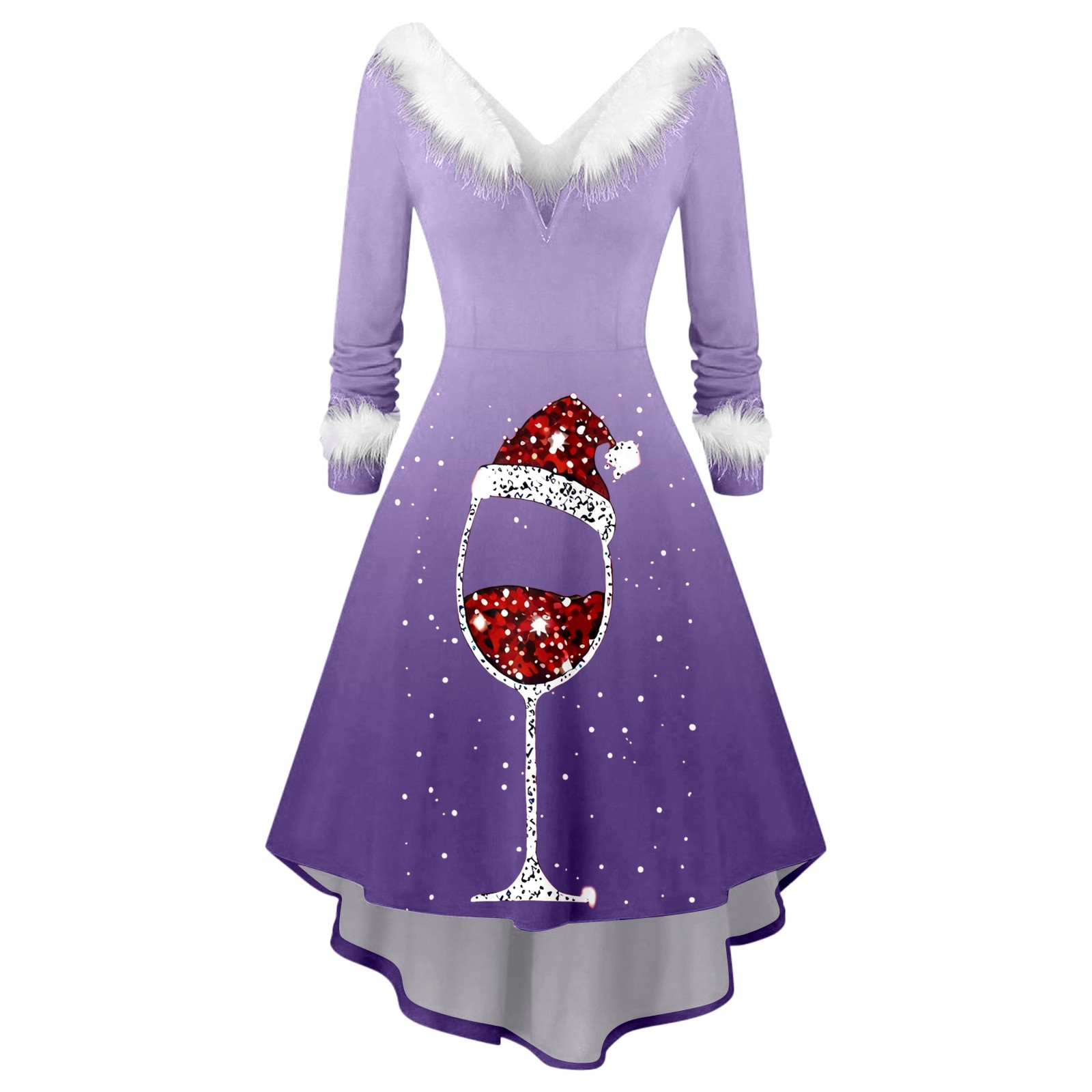 DHFJKG Christmas Dresses For Women Fuzzy Trim Deep V Neck Long Sleeve ...