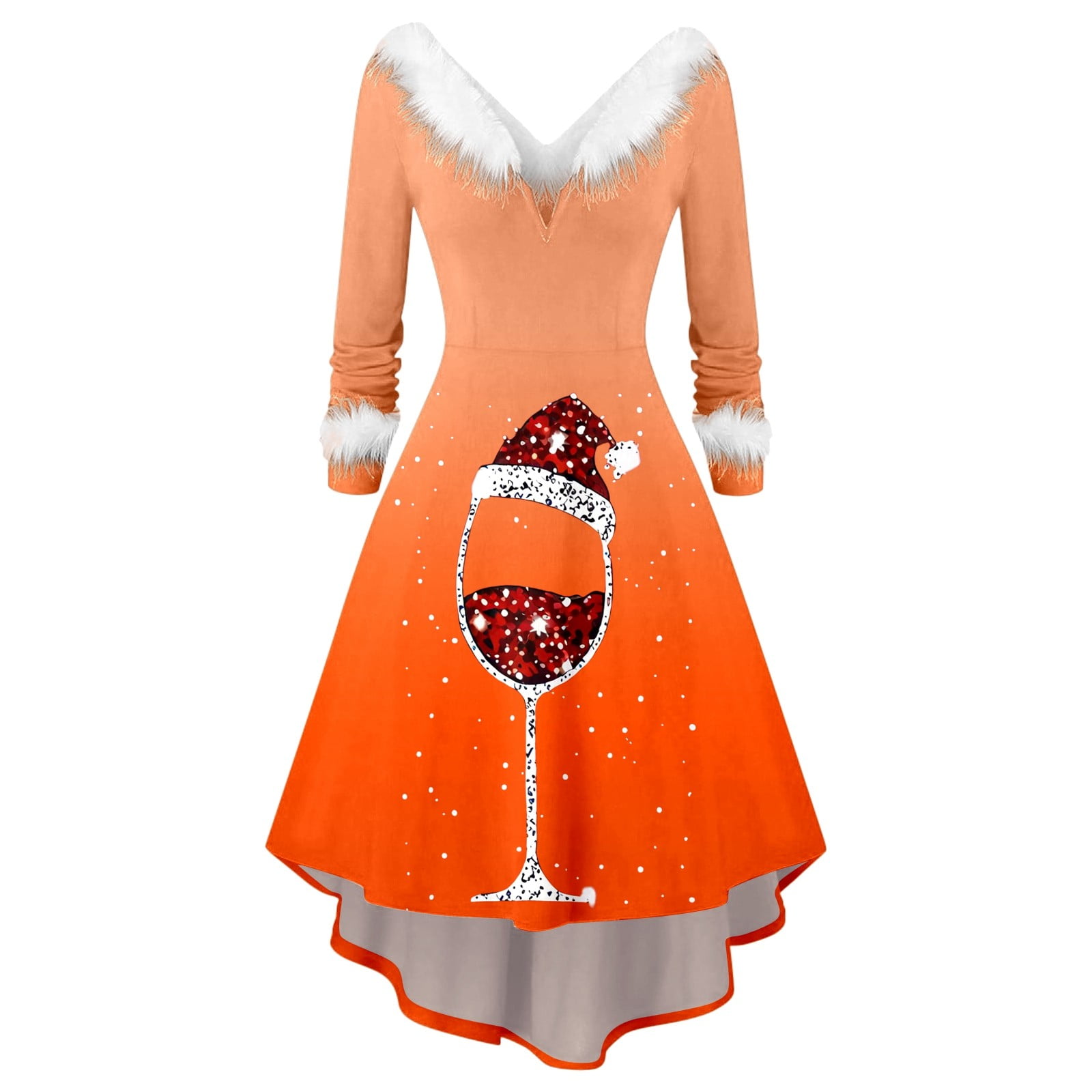 DHFJKG Christmas Dresses For Women Fuzzy Trim Deep V Neck Long Sleeve ...