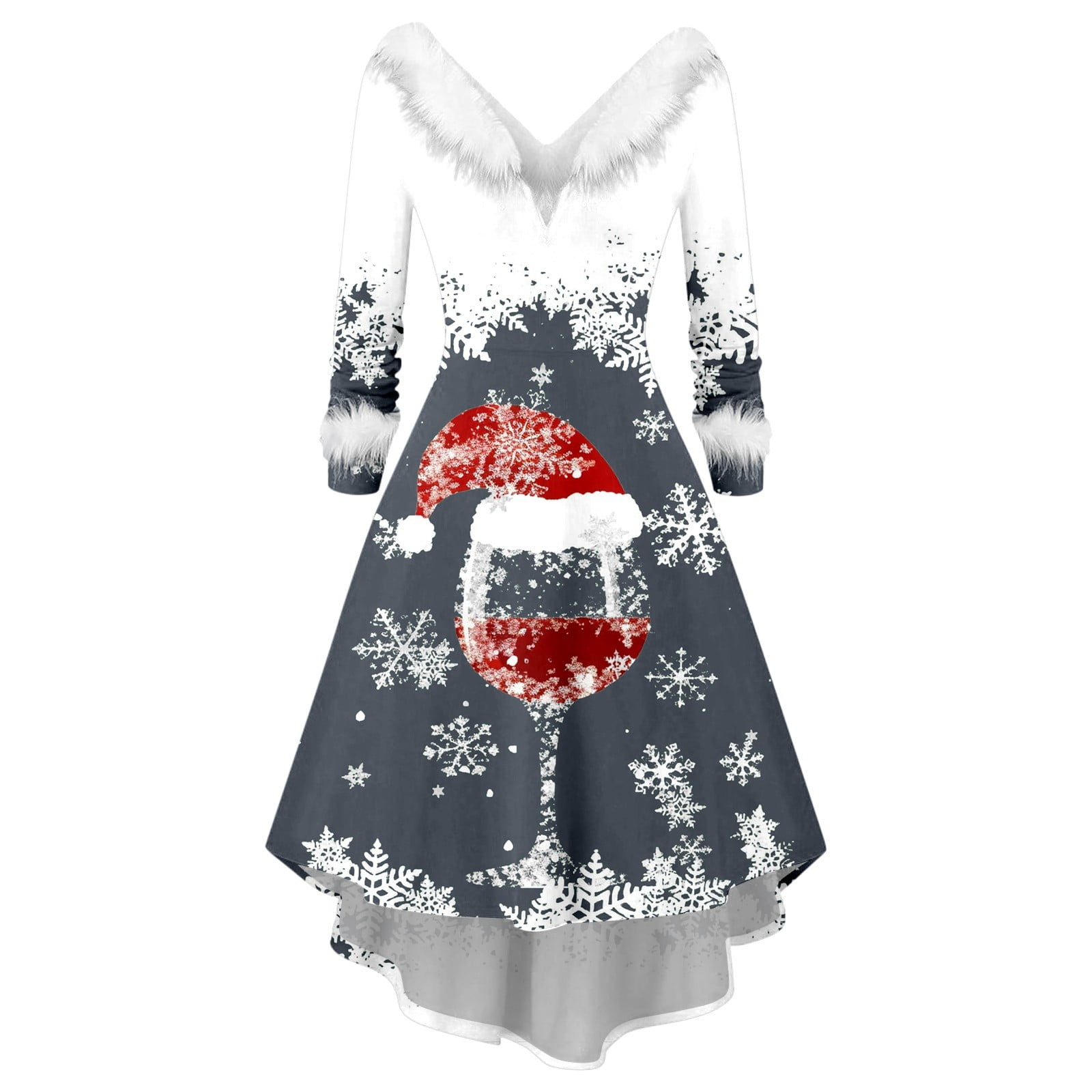 DHFJKG Christmas Dresses For Women Xmas Fuzzy Trim Deep V Neck Long Sleeve Flowy High-Low Dress ...