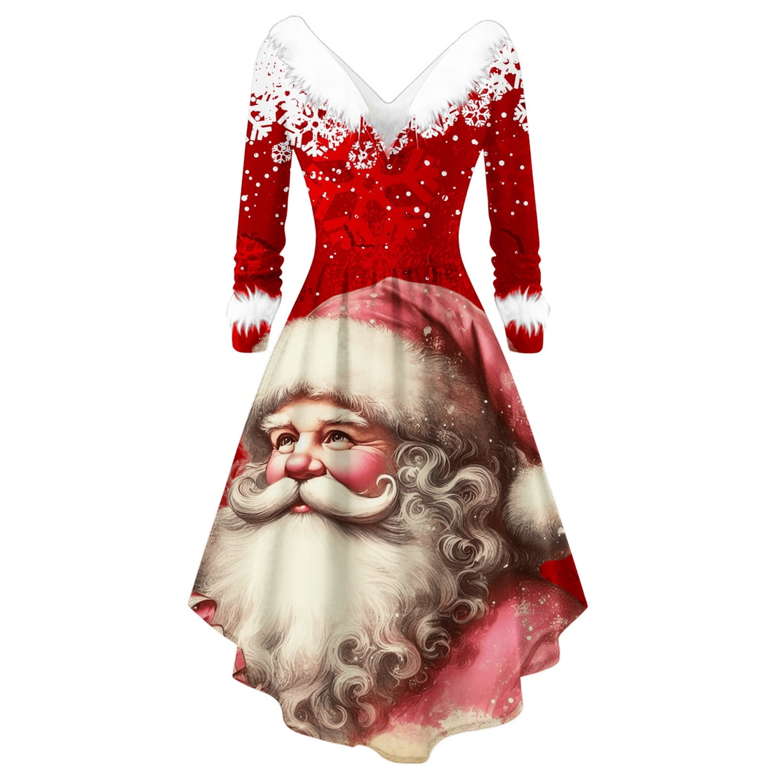 DHFJKG Christmas Dresses For Women Xmas Print Fuzzy Trim Deep V Neck ...
