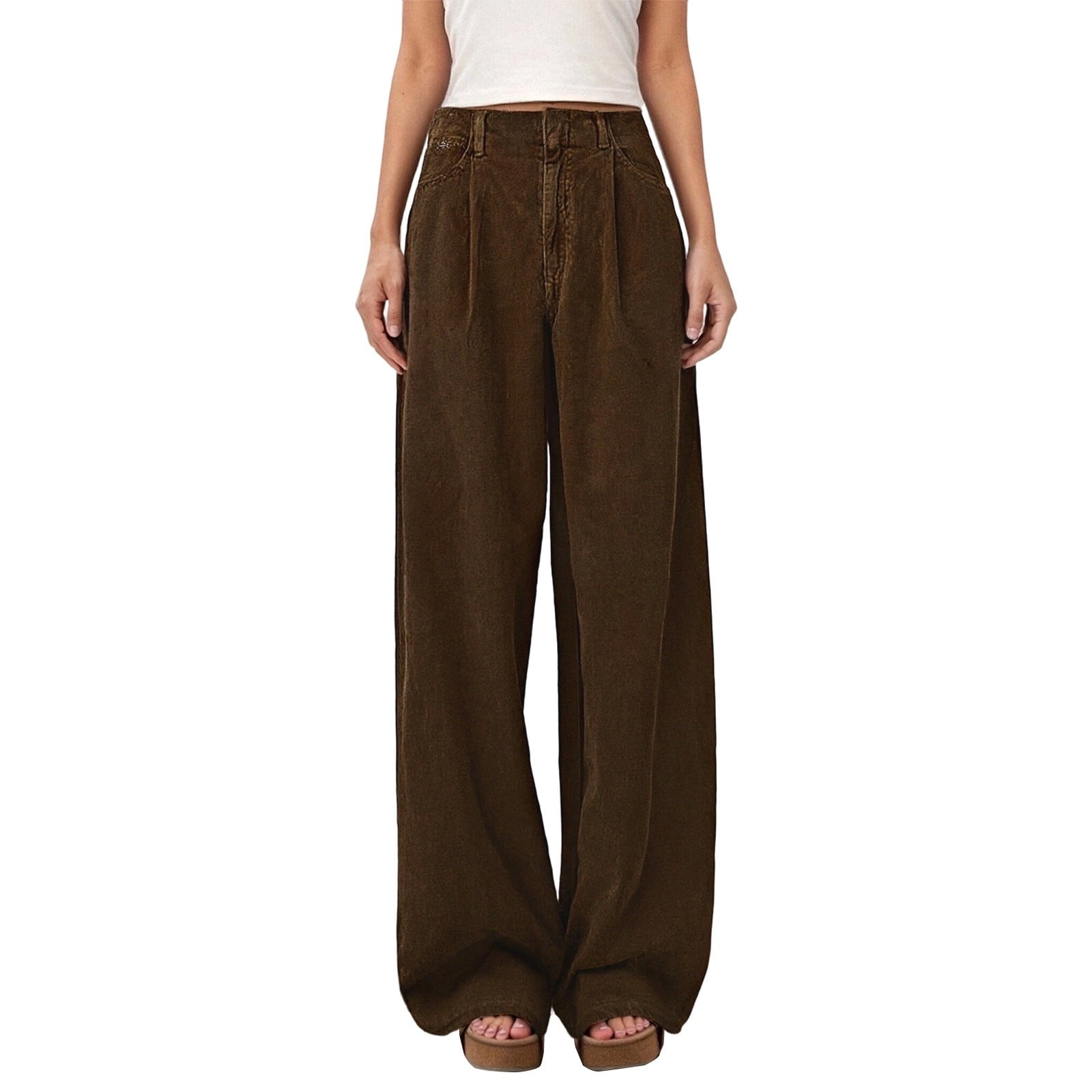 DHFJKG Corduroy Wide Leg Pants For Women High Waist Pleated Retro Style ...