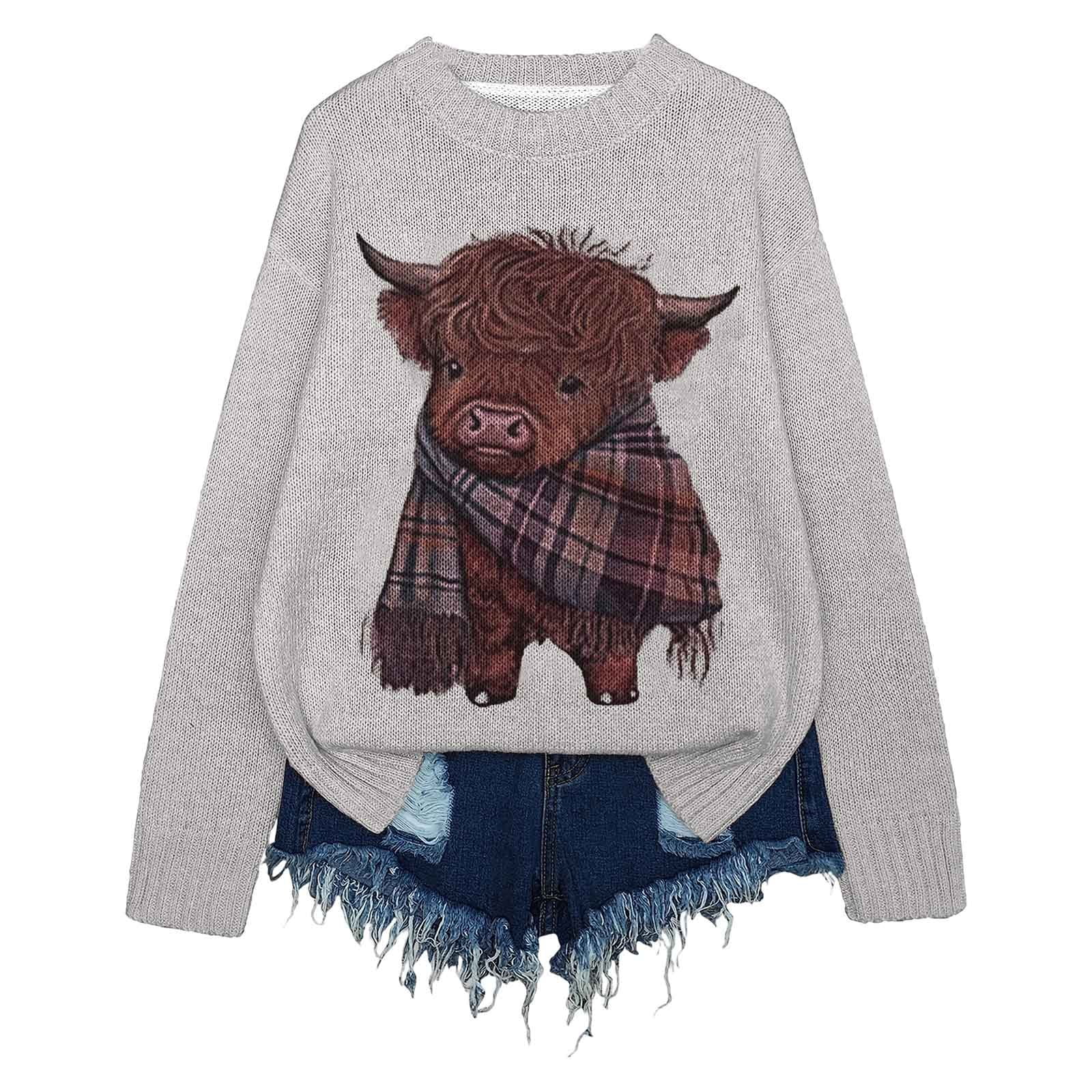 DHFJKG Crew Neck Sweaters For Women Cute Cow Printed Loose Fit Long ...