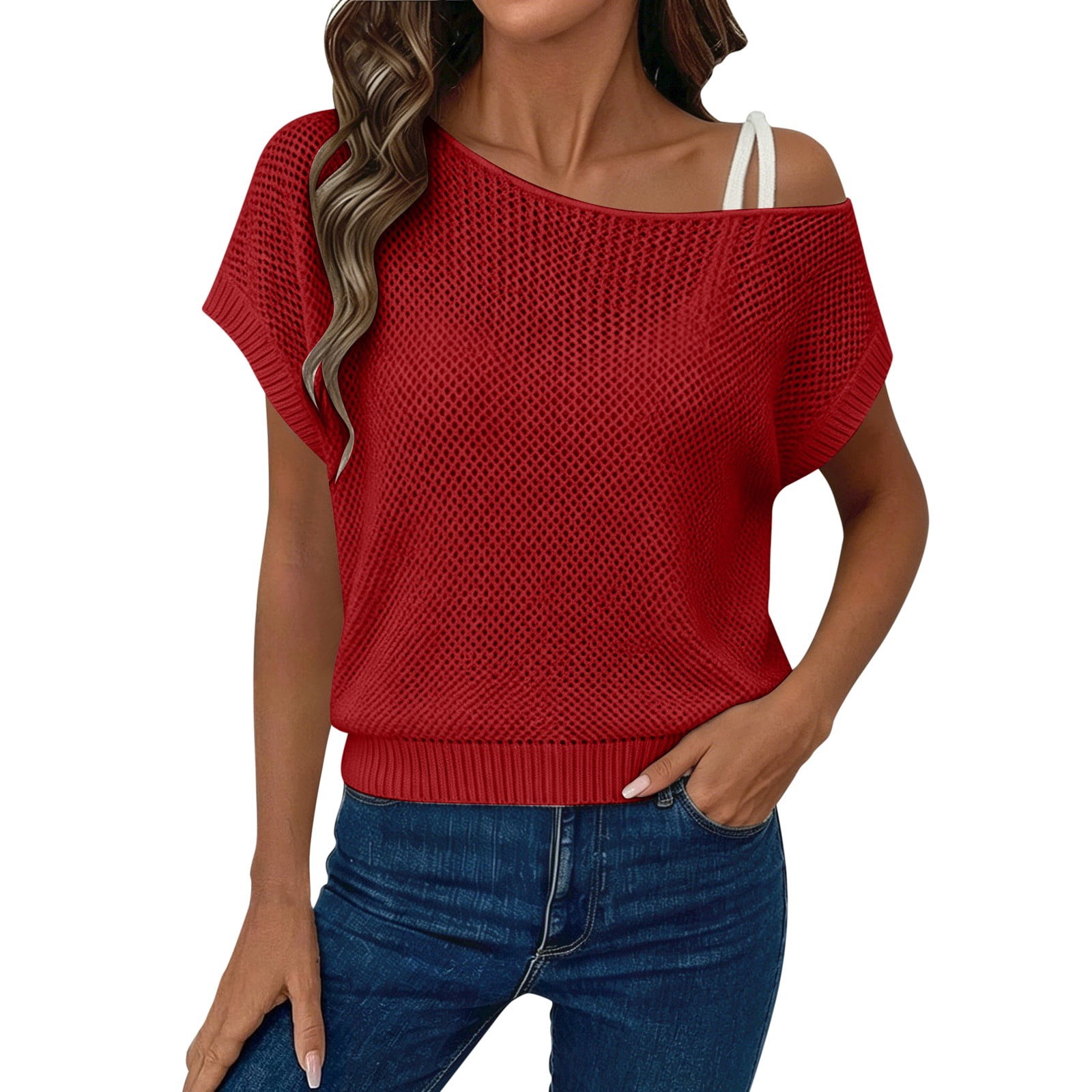 DHFJKG Crochet T Shirts For Women Off Shoulder Batwing Short Sleeve ...