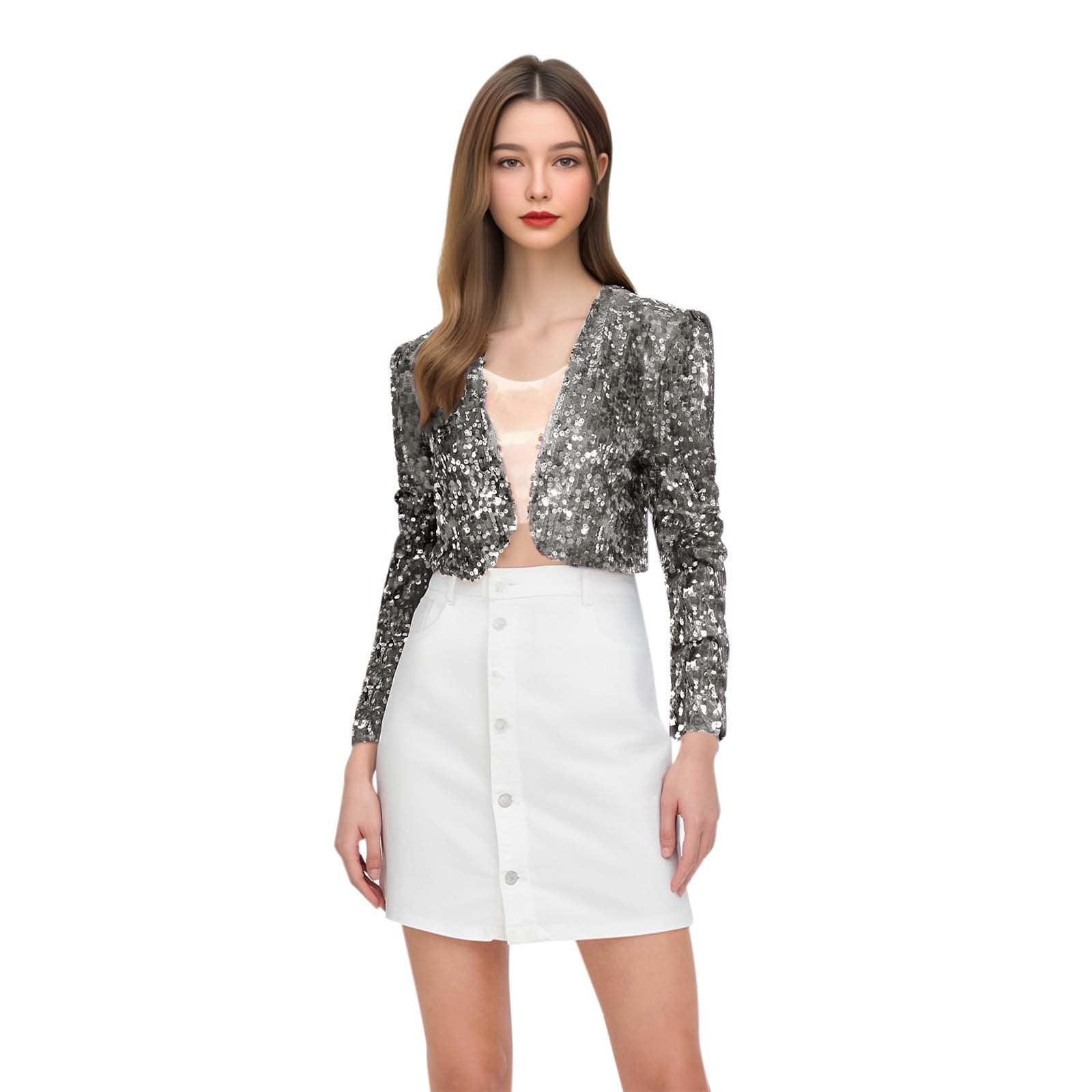 DHFJKG Crop Jackets For Women Glitter Sparkly Sequins Long Sleeve Slim ...