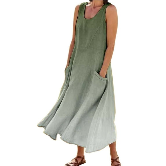 DHFJKG Dresses For Women Sleeveless Gradient Linen Casual Maxi Dress ...