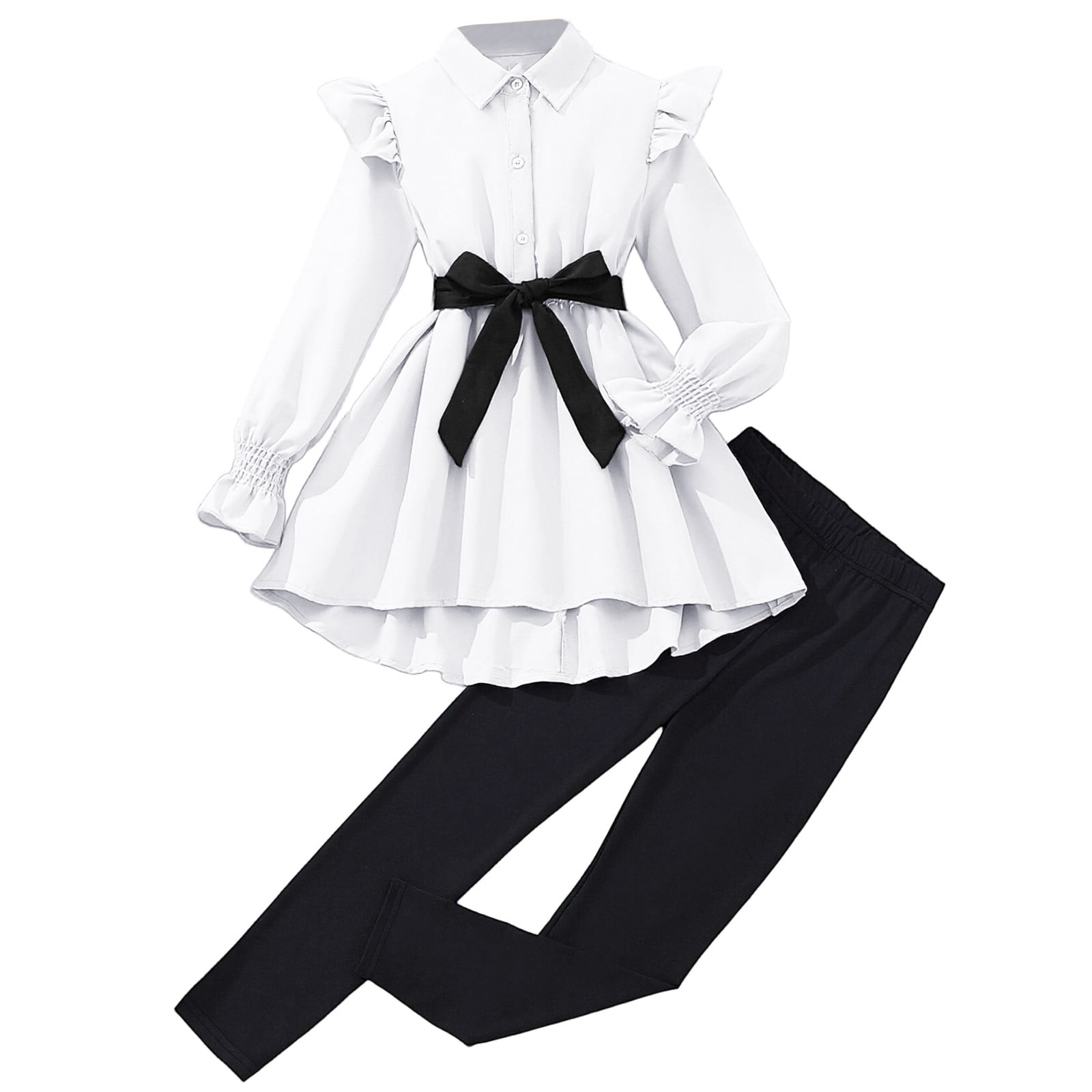DHFJKG Elegant Girls 2 Piece Winter Outfit Lantern Long Sleeve Bow Tie ...