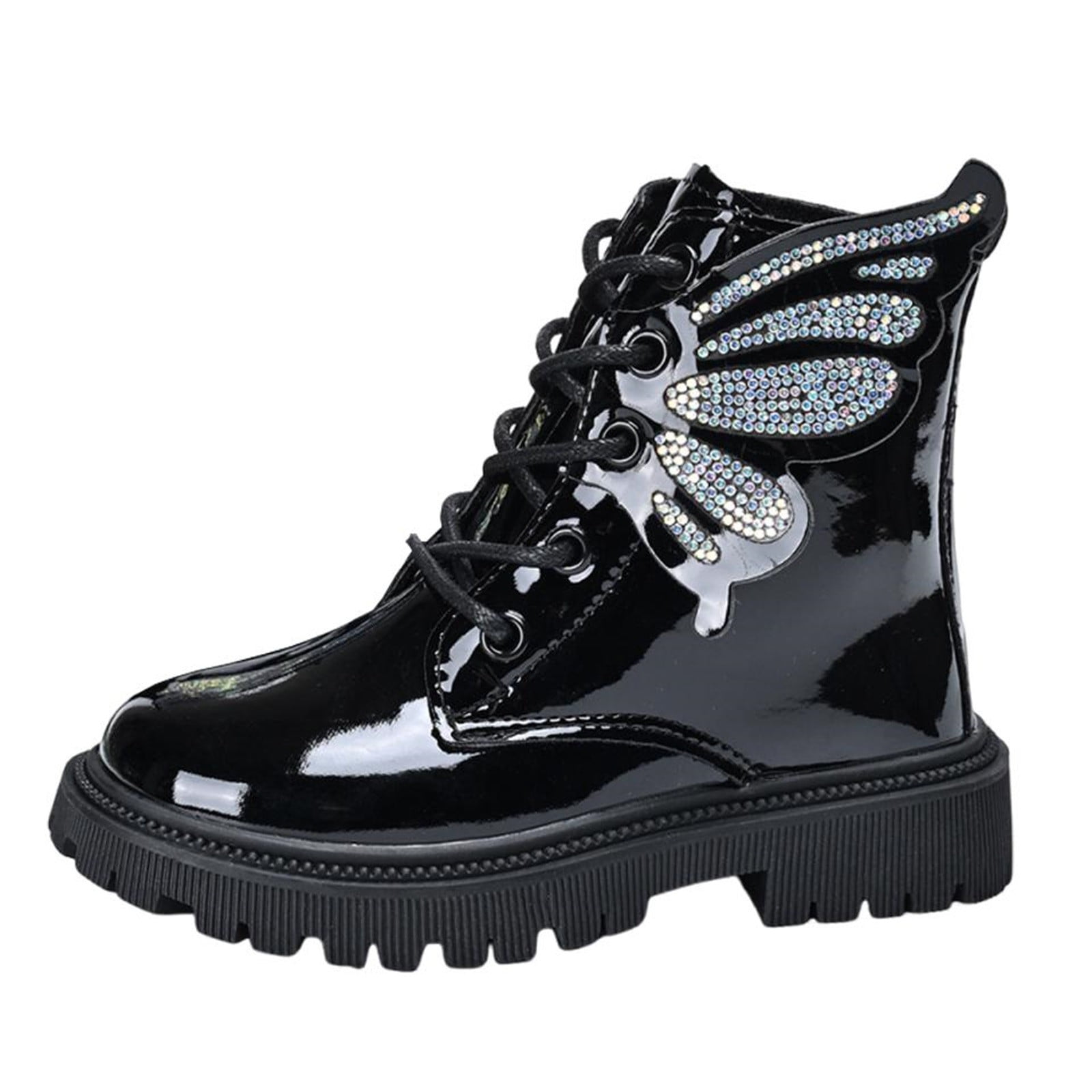 DHFJKG Girls Ankle Boots Leather Upper Rhinestones Butterfly Appliques ...