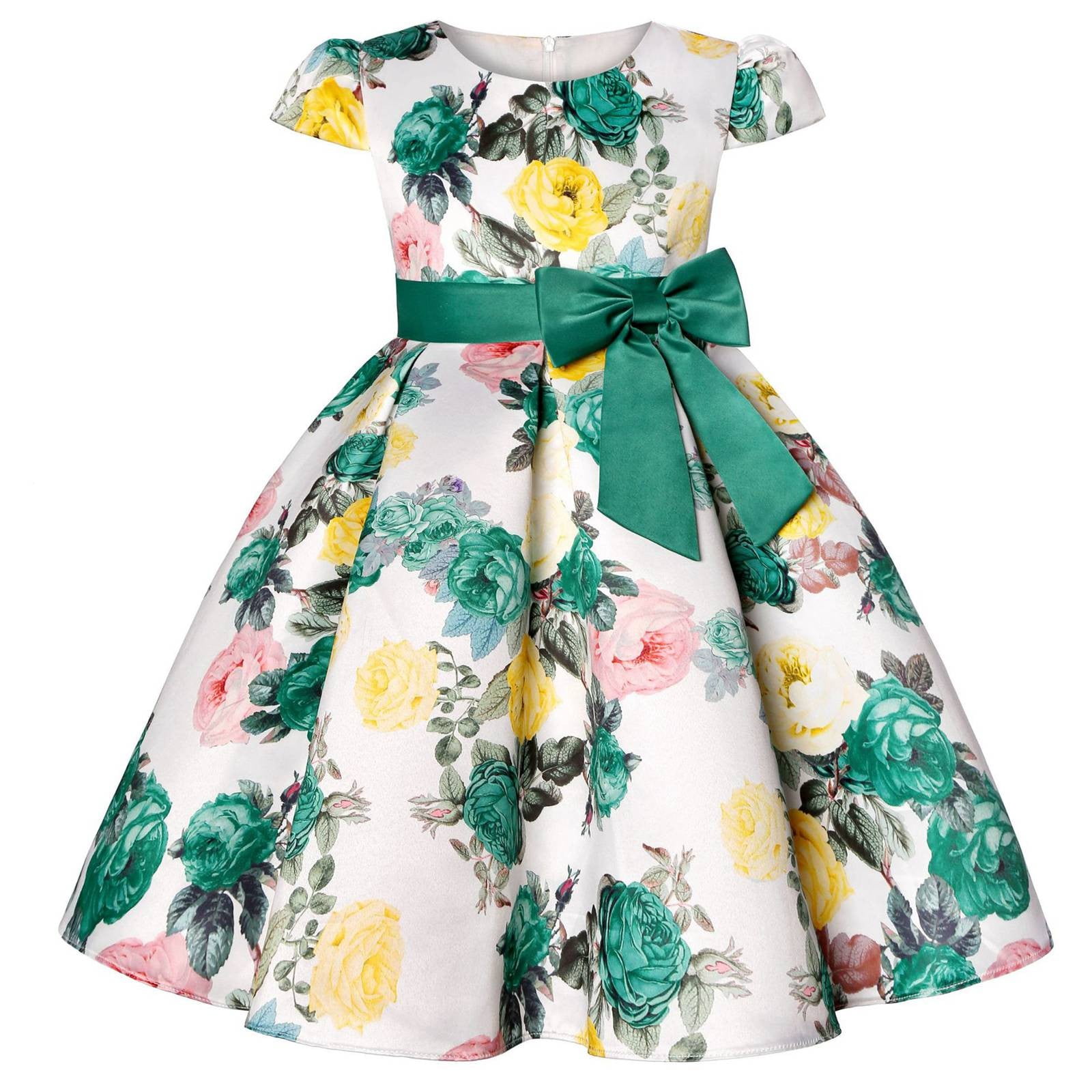 DHFJKG Girls Floral Dresses Short Sleeve Pleated Hem A Line Princess ...