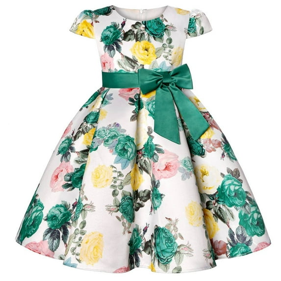 DHFJKG Girls Floral Dresses Short Sleeve Pleated Hem A Line Princess ...