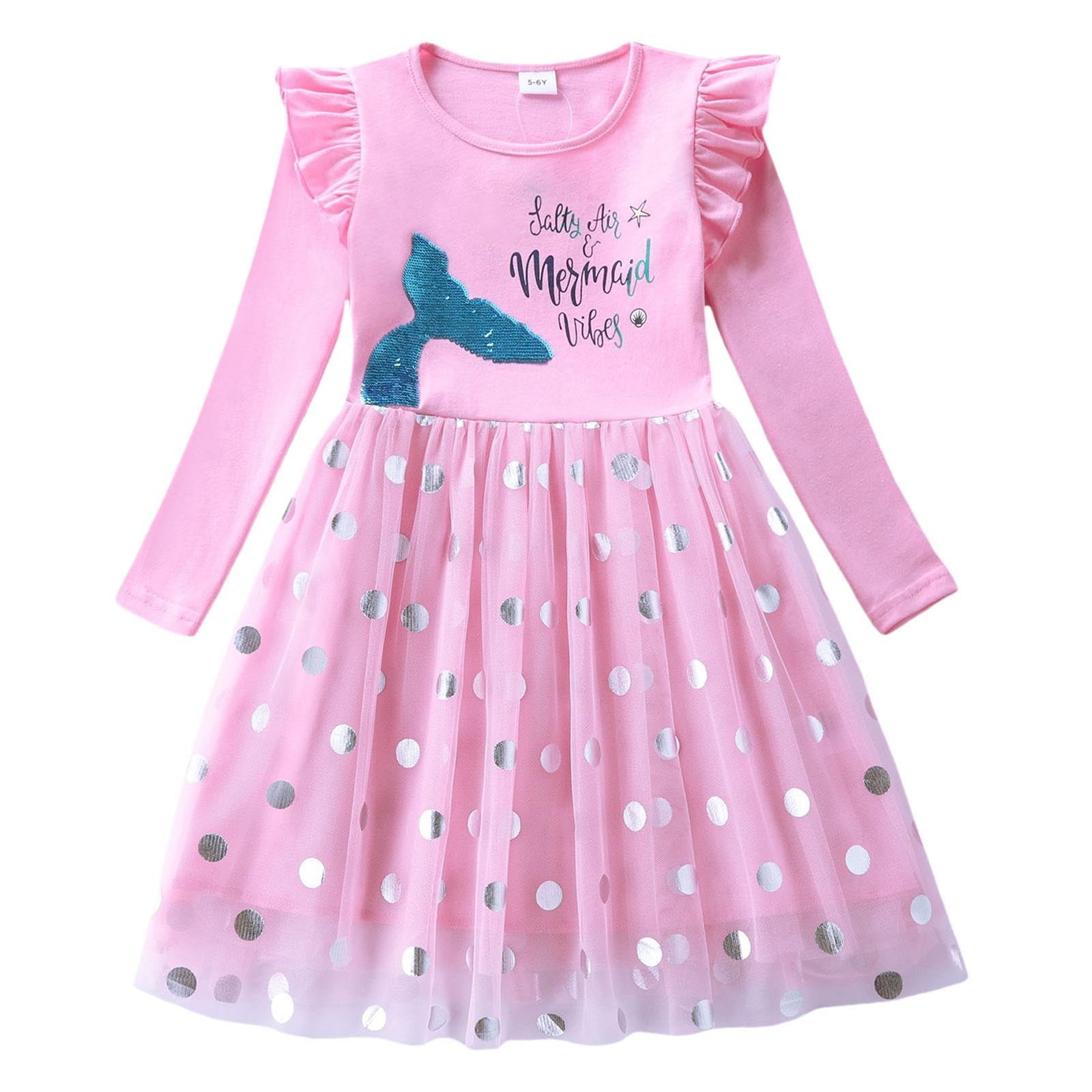 DHFJKG Girls Long Sleeve Dresses Polka Dot Sequins Party Mesh Tutu ...