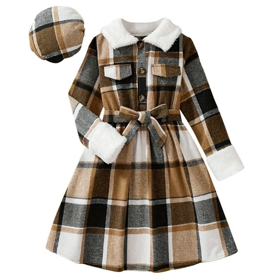 DHFJKG Girls Long Sleeve Plaid Dresses Fuzzy Trim Collared A-Line ...
