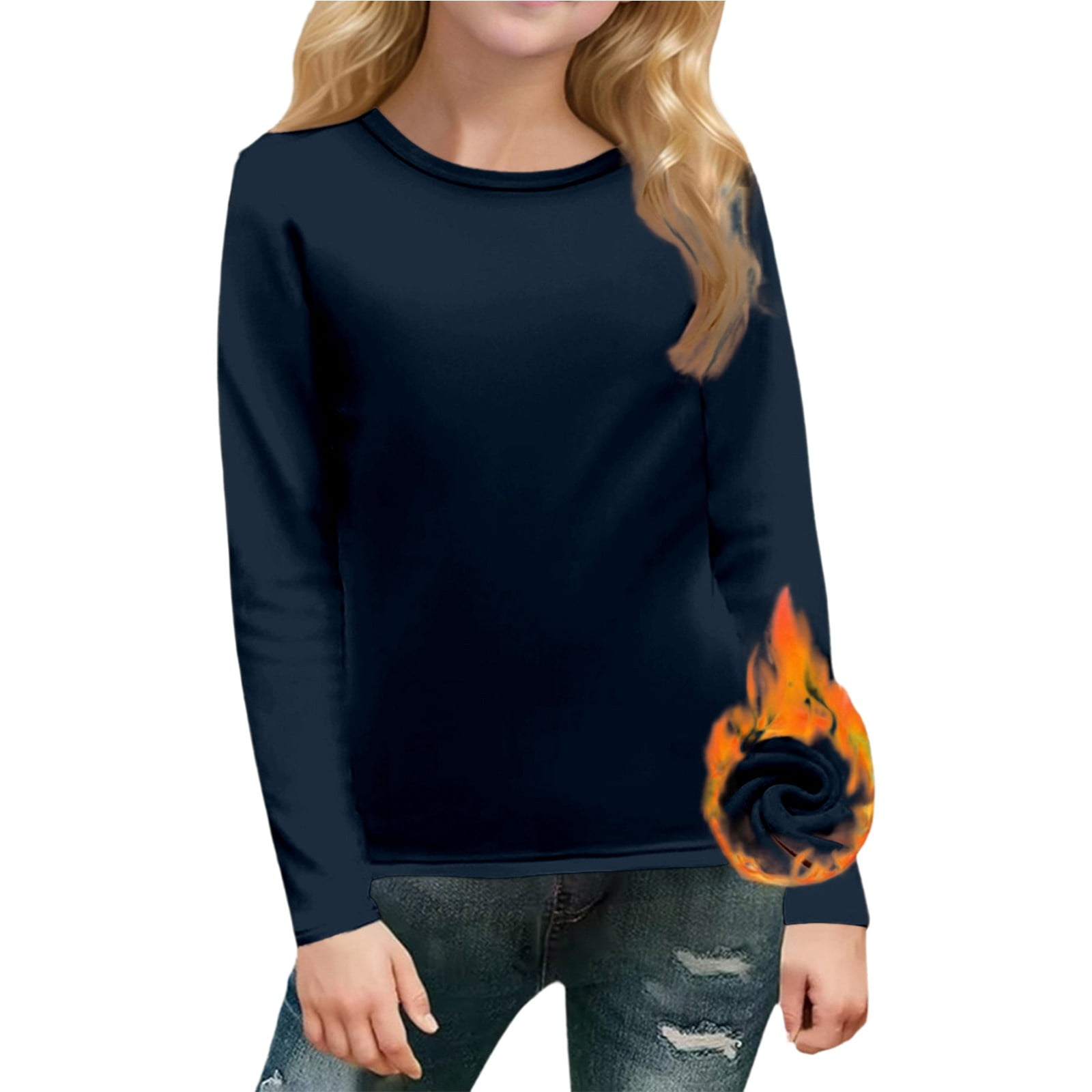 DHFJKG Girls Long Sleeve Shirts Fuzzy Lining Round Neck Casual Plain ...