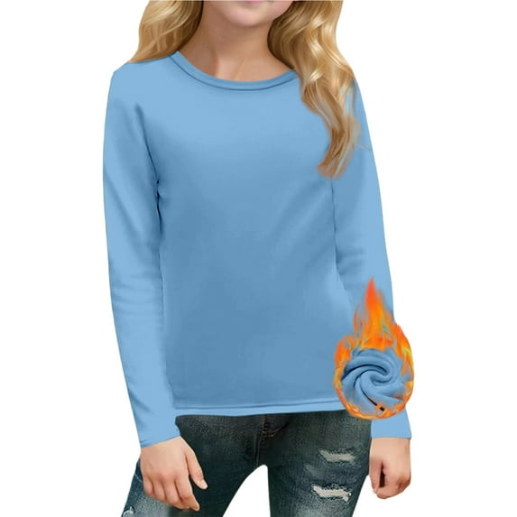 DHFJKG Girls Long Sleeve Shirts Fuzzy Lining Round Neck Casual Plain ...