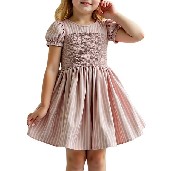 DHFJKG Girls Smocked Ruched Dresses A-Line Swing Flowy Puffy Sleeve ...