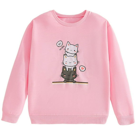DHFJKG Girls Sweatshirt Cute Cat Graphic Print Crewneck Sweatshirt Long ...