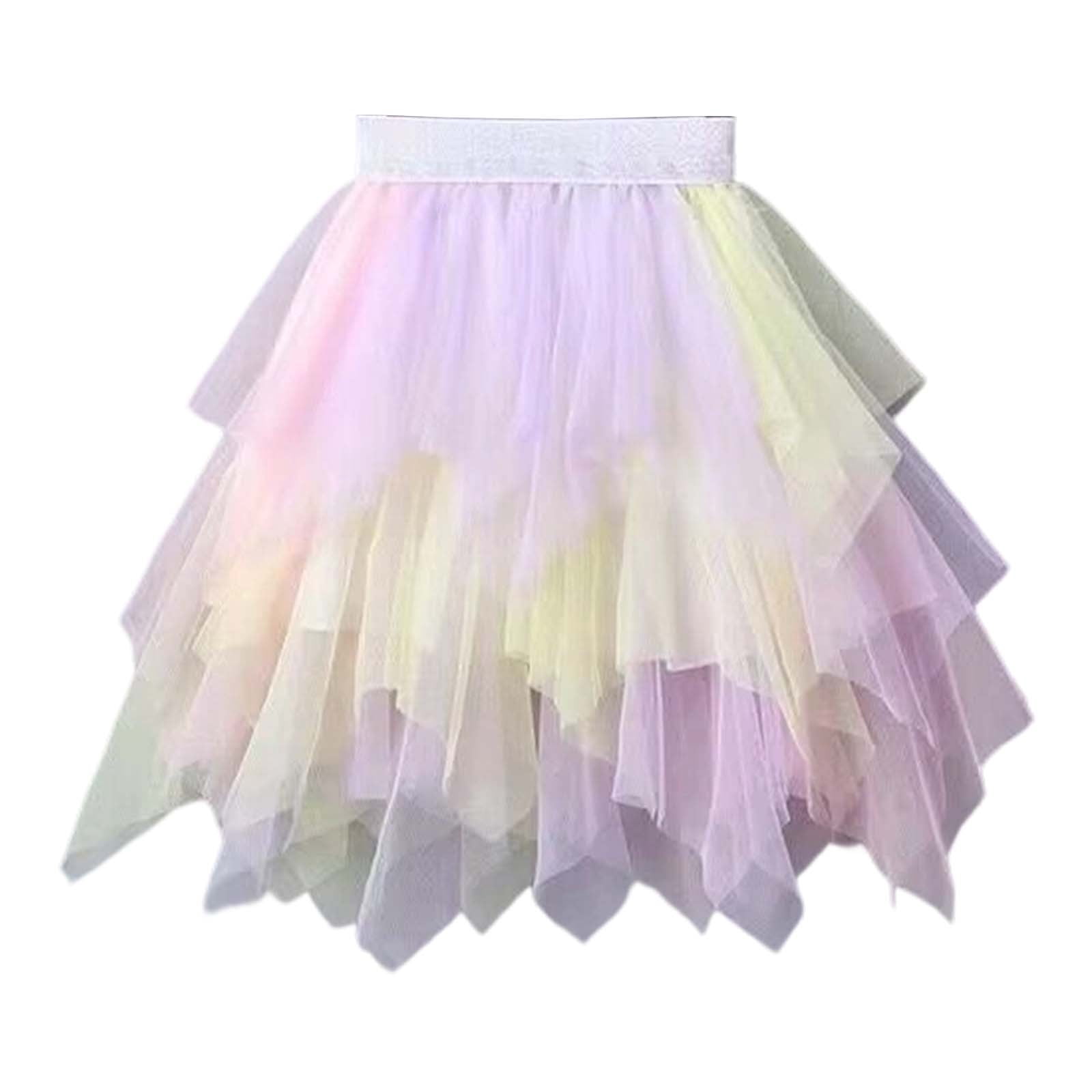 DHFJKG Girls Tiered Skirt Layerd Asymmetric Hem Elastic Waist Mini Mesh ...