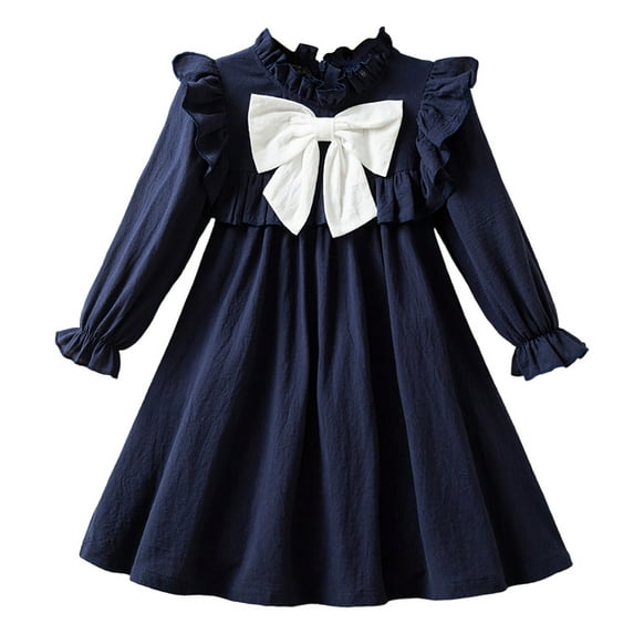 DHFJKG Girls Winter Dresses Preppy Style Bow Long Sleeve Ruffle School ...