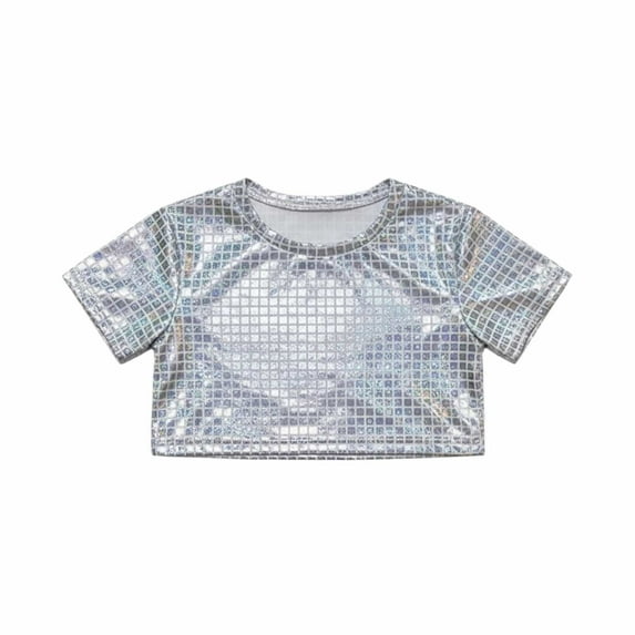 DHFJKG Glitter Crop Top For Girls Carnival Performance Wear Plaid Shiny ...