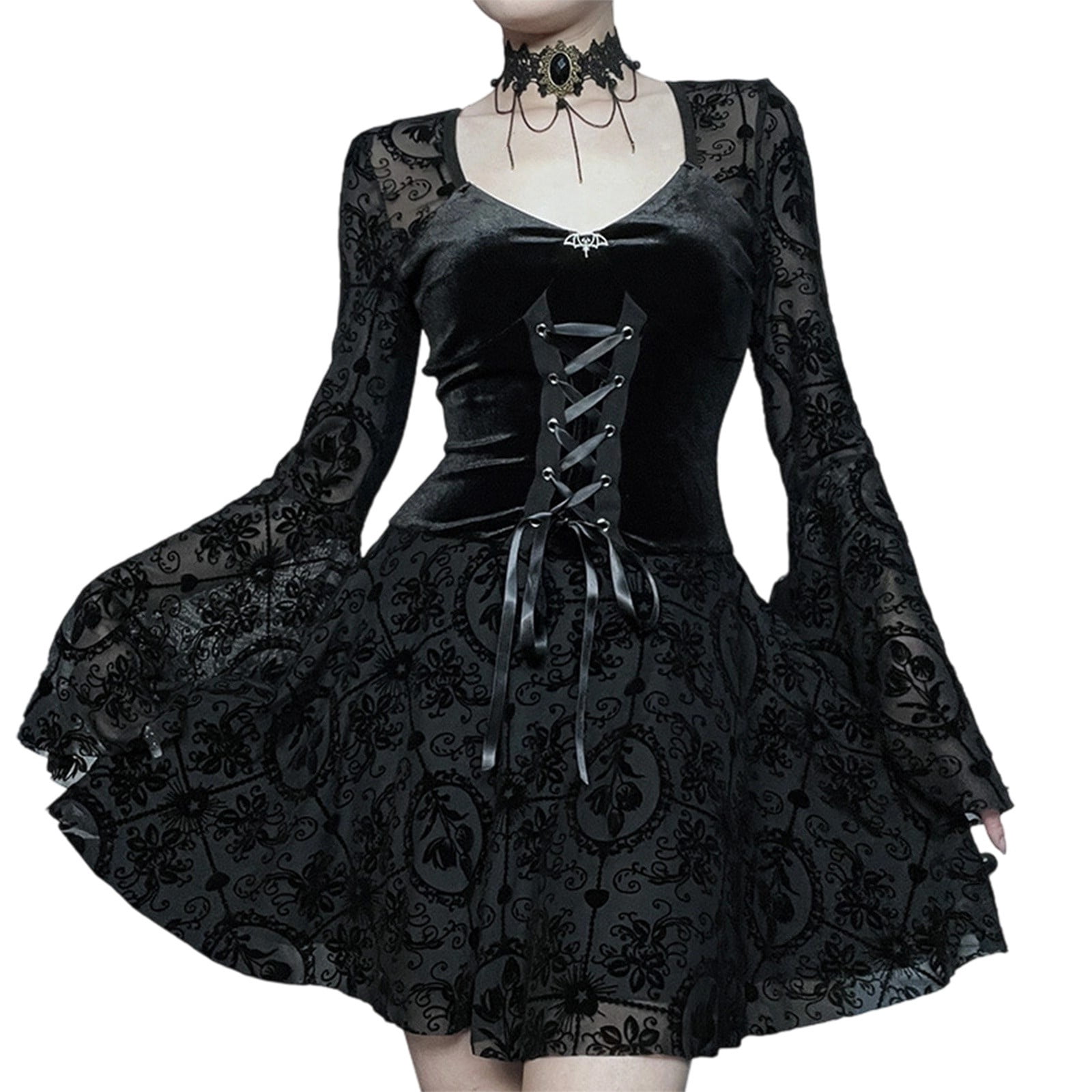 DHFJKG Gothic Dress Elegant Flocked Flare Sleeve Lace Embroidery ...