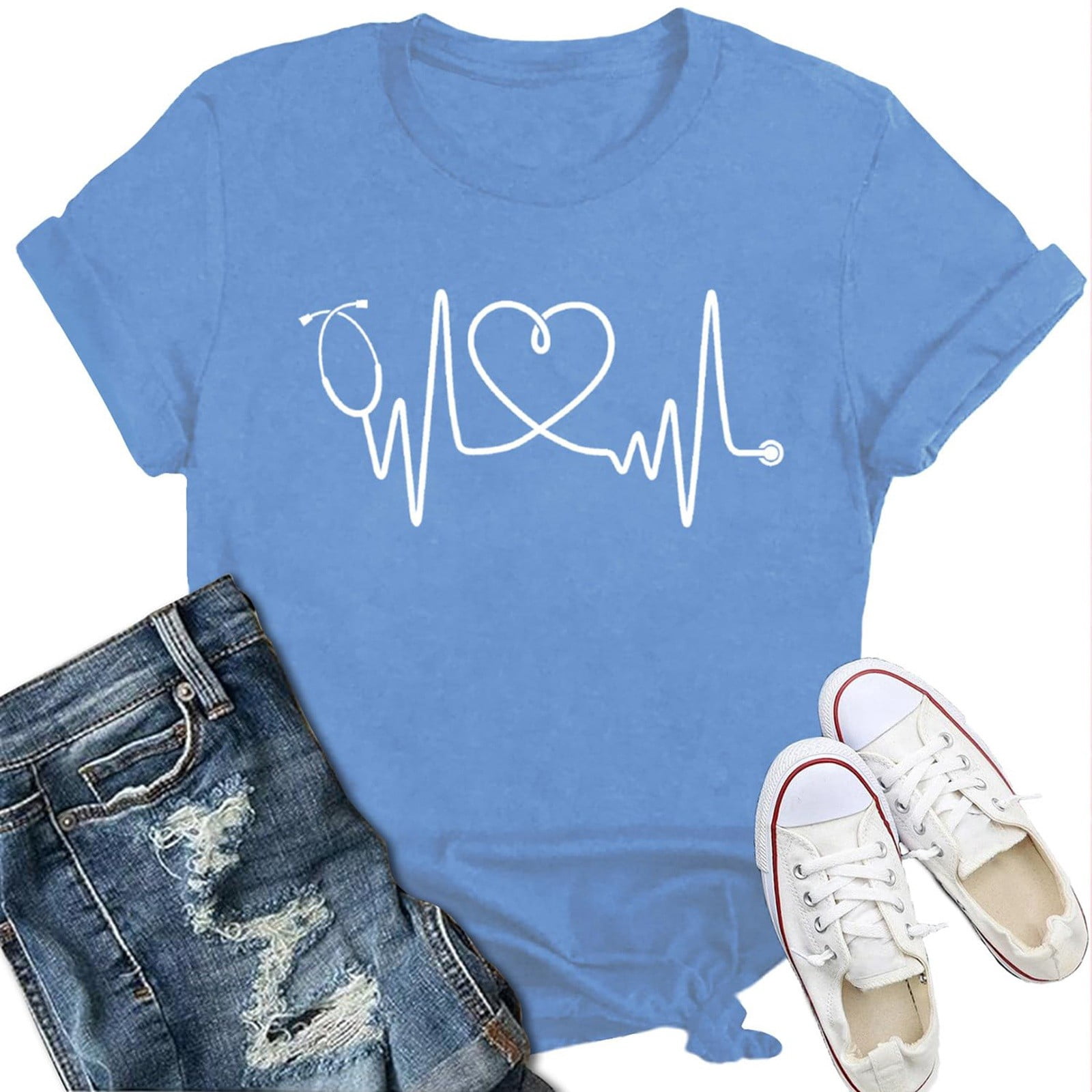 DHFJKG Graphic Tees For Women Heart Printed Short Sleeve Crew Neck T ...
