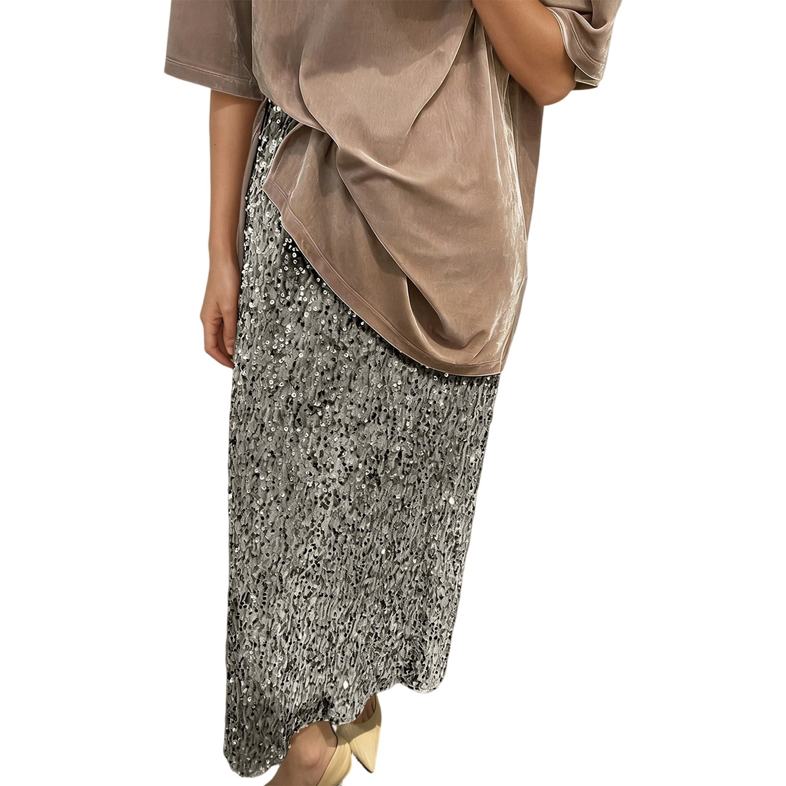 DHFJKG High Waist Sequin Skirt For Women Elastic Waist Back Slit ...