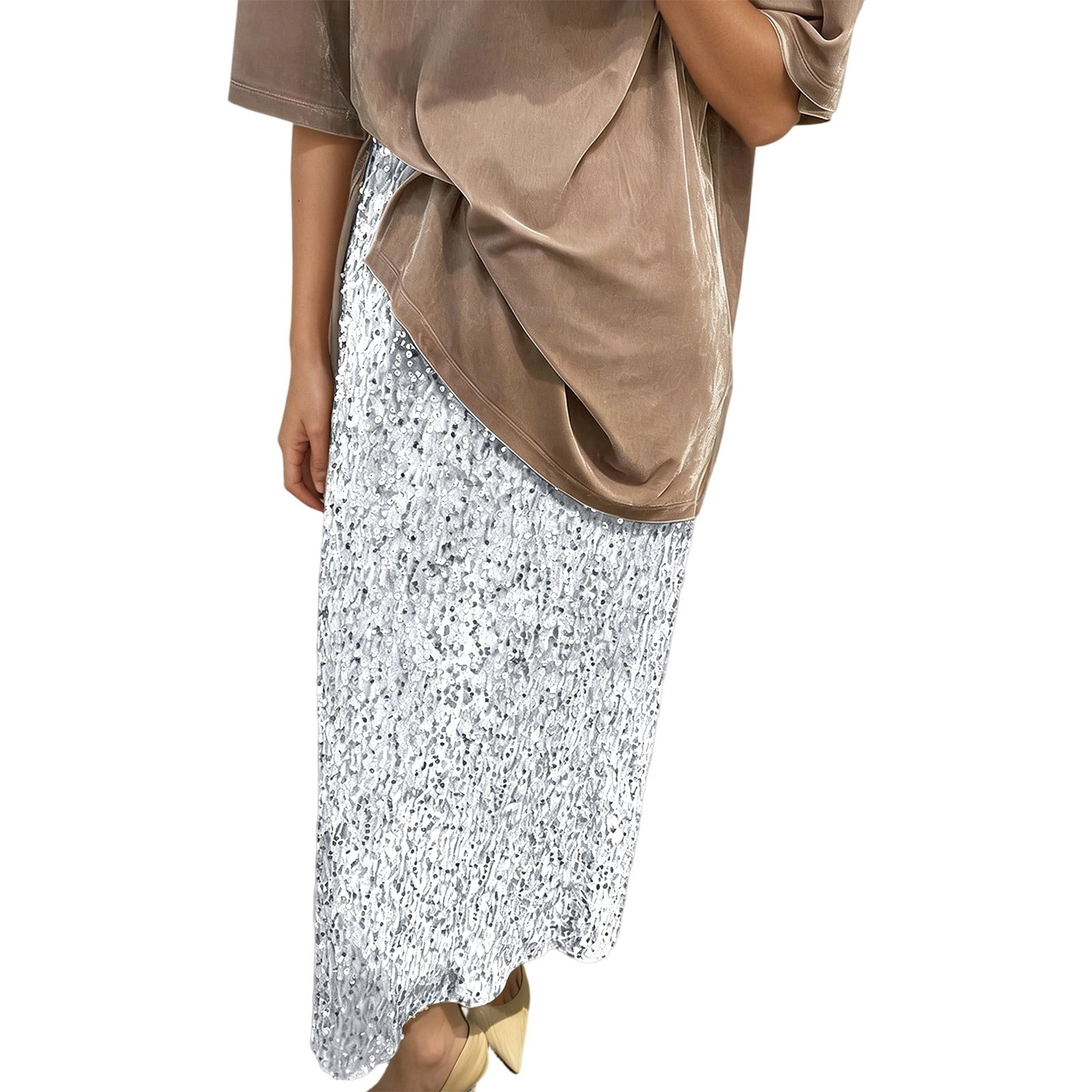 DHFJKG High Waist Sequin Skirt For Women Elastic Waist Back Slit ...