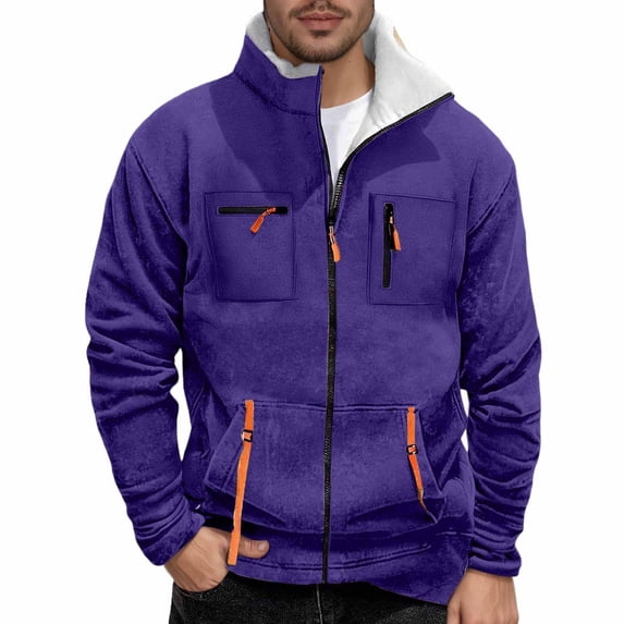 DHFJKG Jackets For Men Zippered Stand Collar Fuzzy Lining Thickened ...