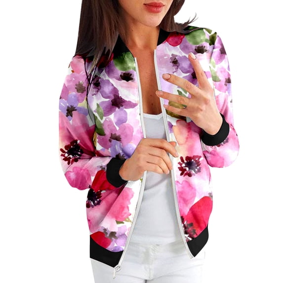 DHFJKG Jackets For Women Floral Printed Slim Fit Round Neck Long Sleeve ...