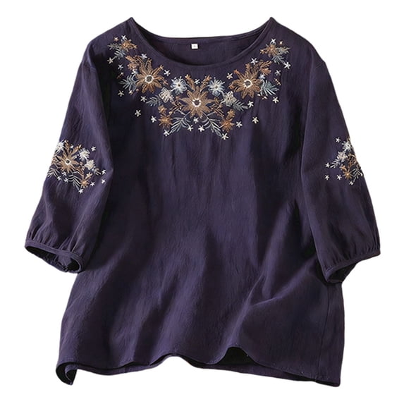 DHFJKG Linen Embroidered Tunic Top For Women Boho Loose Fit Short ...