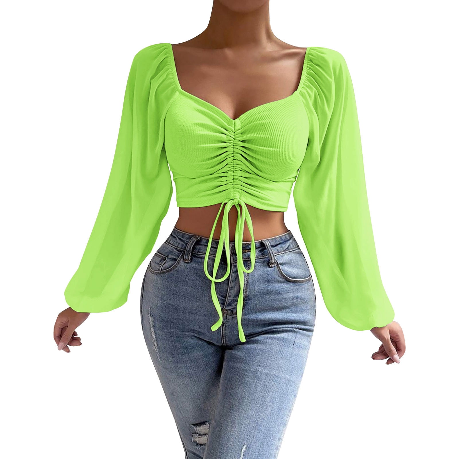 DHFJKG Long Sleeve Crop Top For Women Sexy Solid Color Drawstring Silm ...