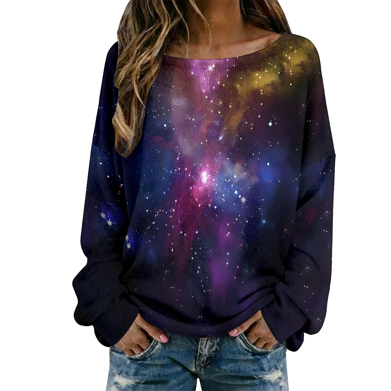DHFJKG Long Sleeve Shirts For Women Ribbed Knit Pullover Galaxy Printed ...