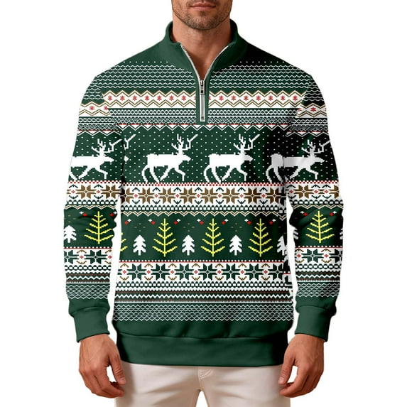 DHFJKG Mens Christmas Sweatshirt Quarter Zip Stand Collar Reindeer ...