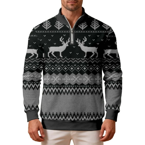DHFJKG Mens Christmas Sweatshirt Quarter Zip Stand Collar Reindeer ...