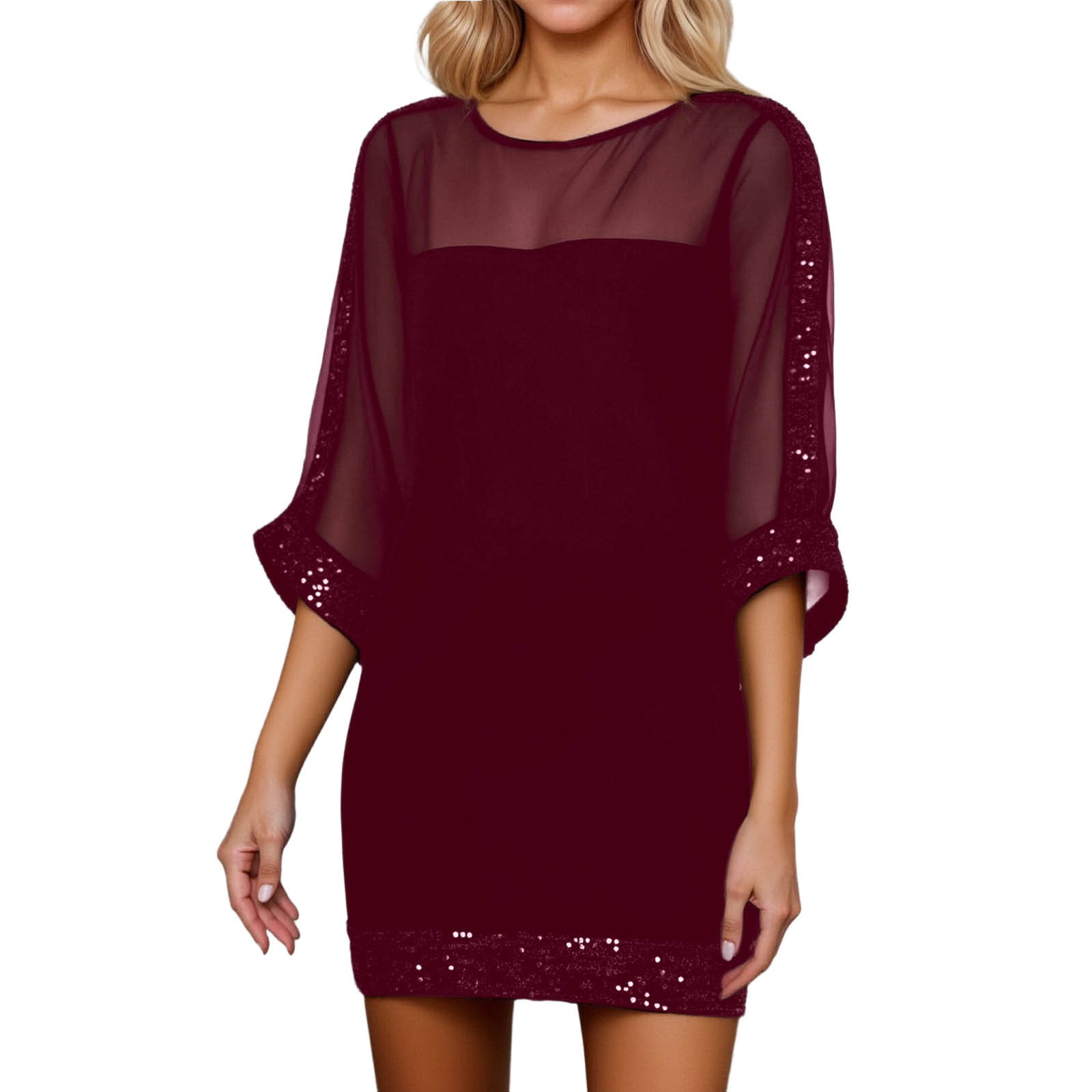 DHFJKG Mesh Sheer Dress Women Sequins Patchwork Half Sleeve Round Neck ...