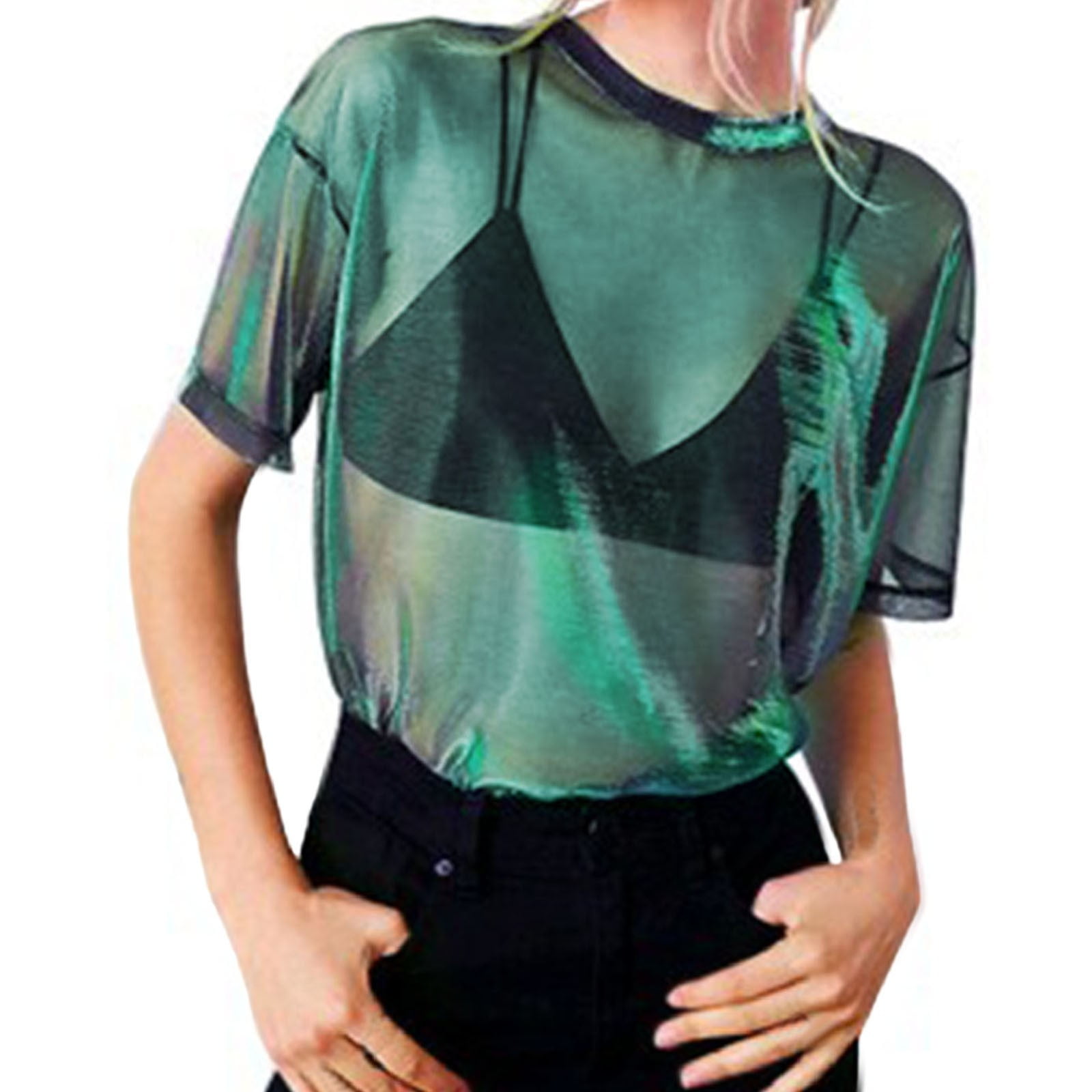 DHFJKG Mesh Sheer Shirts For Women Ging Out Nightclub Top Short Sleeve ...