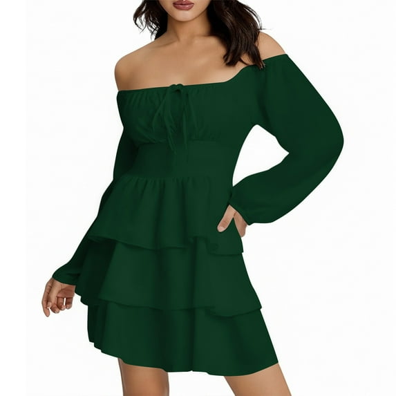 DHFJKG Off The Shoulder Dresses For Women Long Sleeve 3 Layeres Party ...