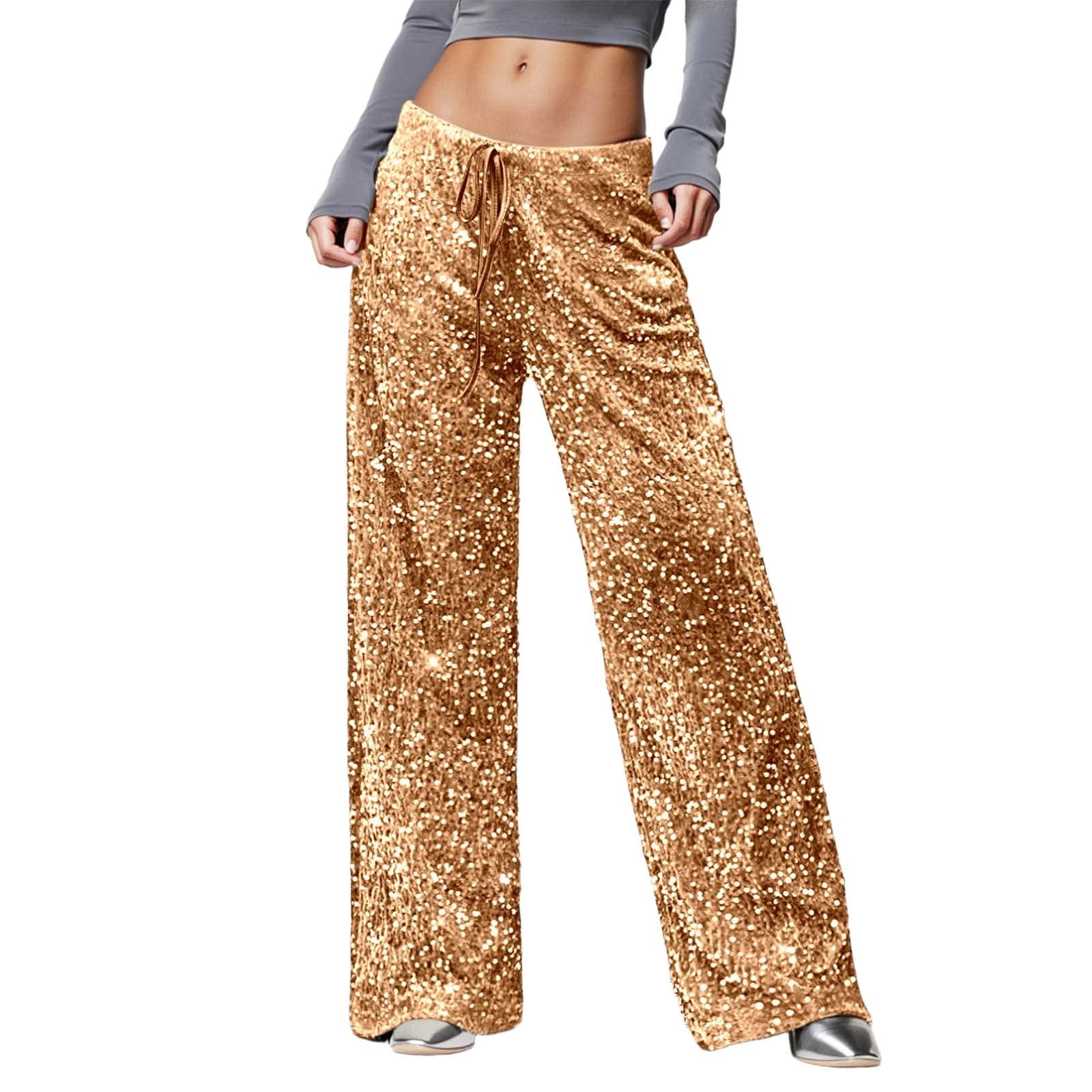DHFJKG Pants For Women Sparkling Sequins Elastic Waist Drawstring Loose ...